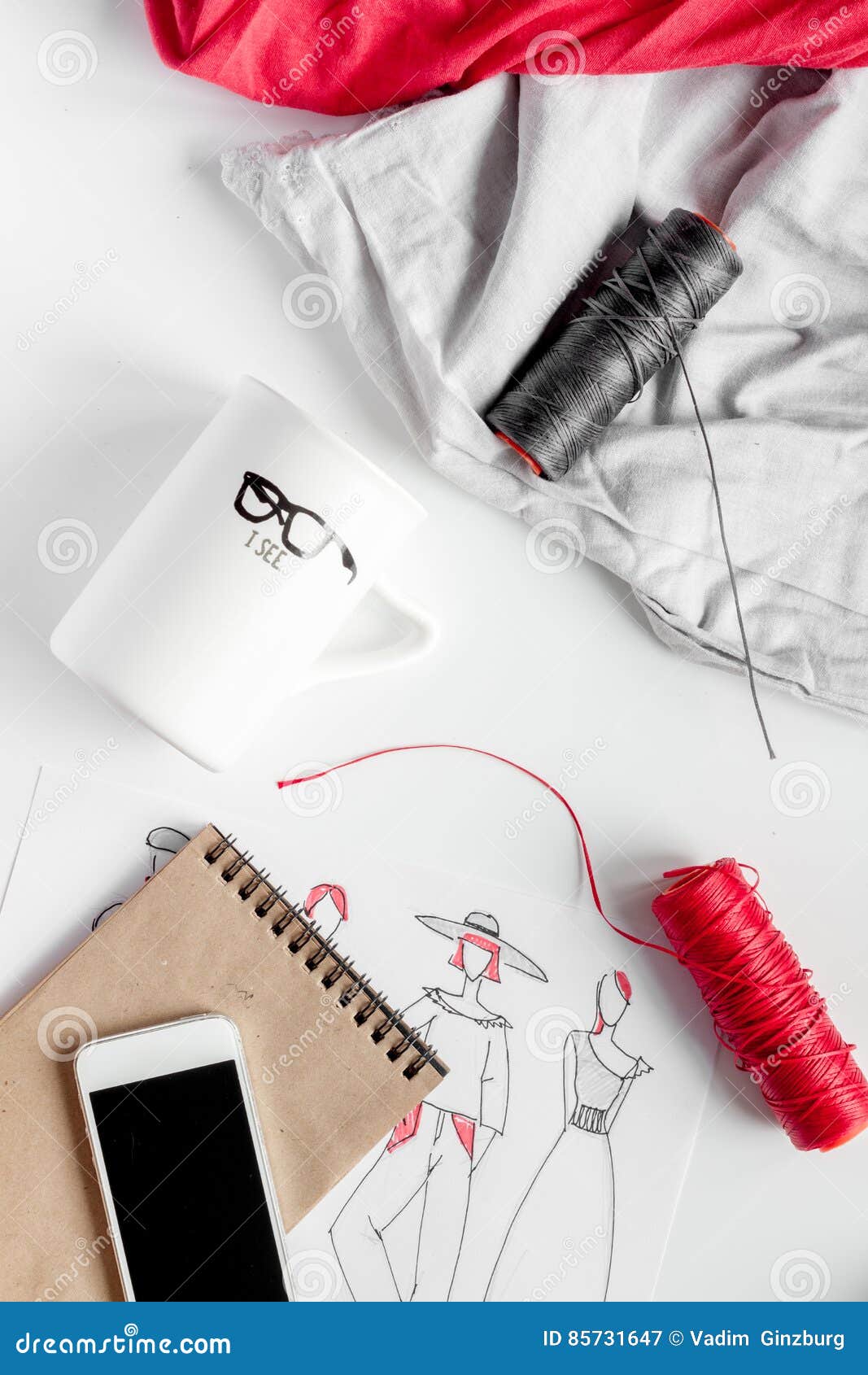 Desktop Designer Clothes with Tools Top View Mock Up Stock Image ...