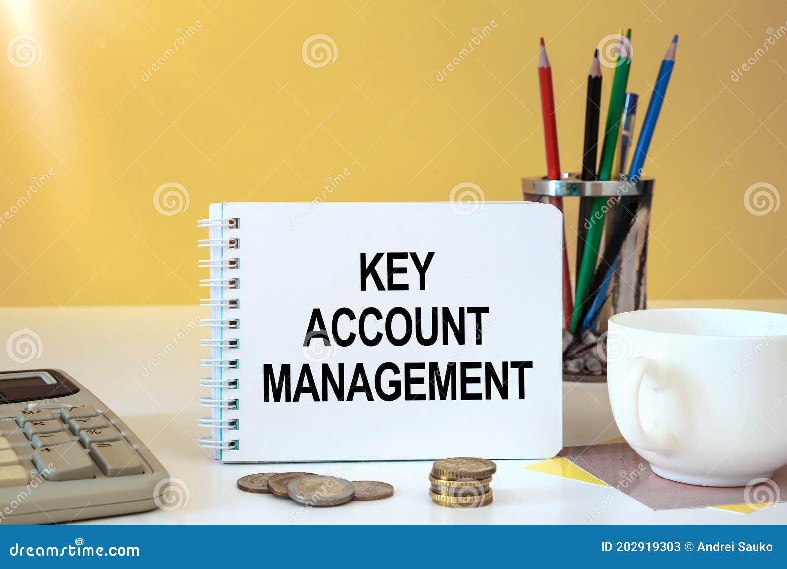 Desktop with Documents, Calculator and Notebook. Inscription KEY ...