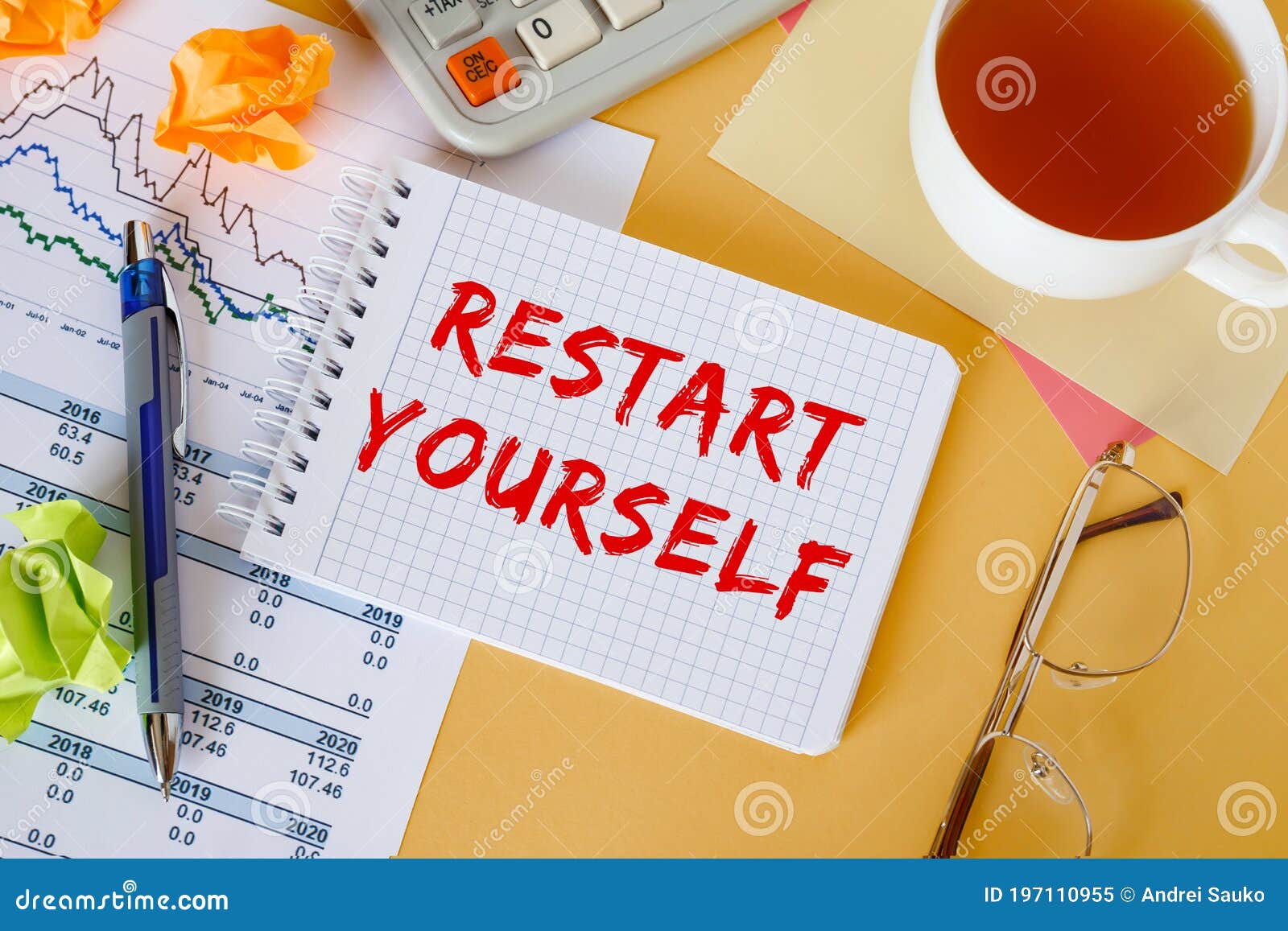 Desktop with Documents, Calculator and Notepad. the Inscription RESTART ...