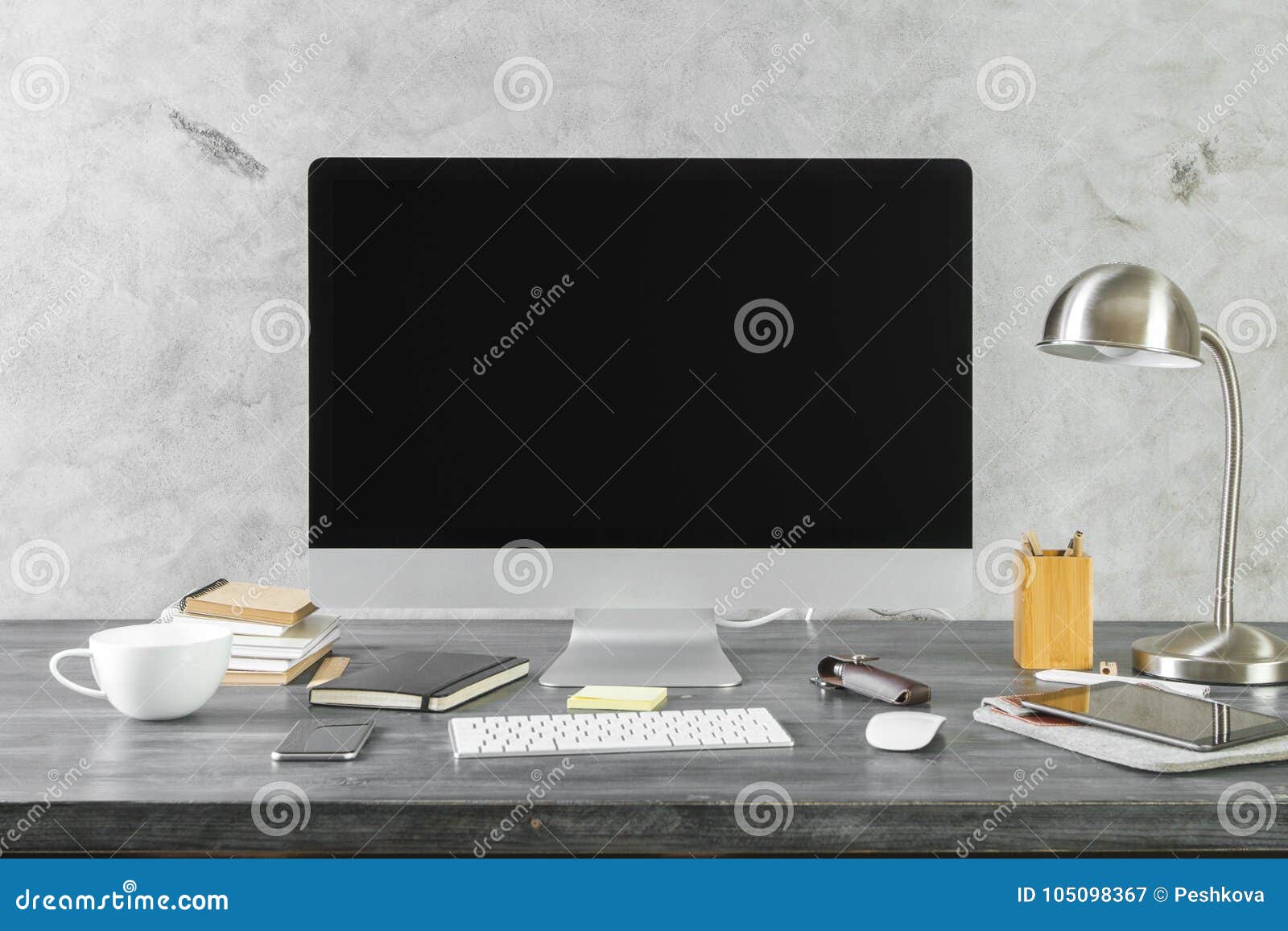 Desktop with Empty Computer Monitor Front Stock Image - Image of mockup ...