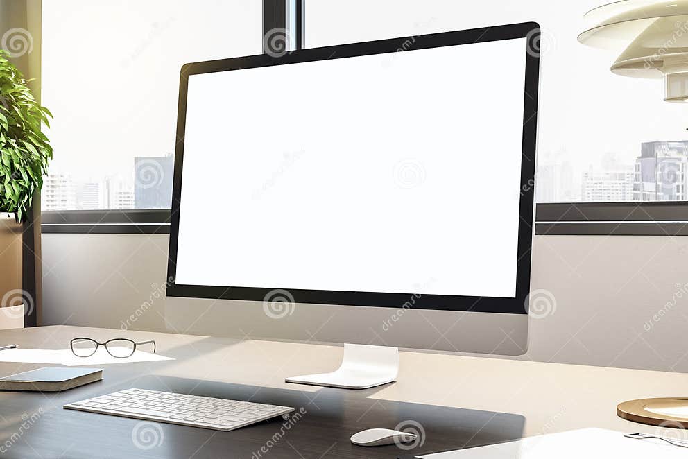 Desktop with Empty Computer Screen Stock Illustration - Illustration of ...