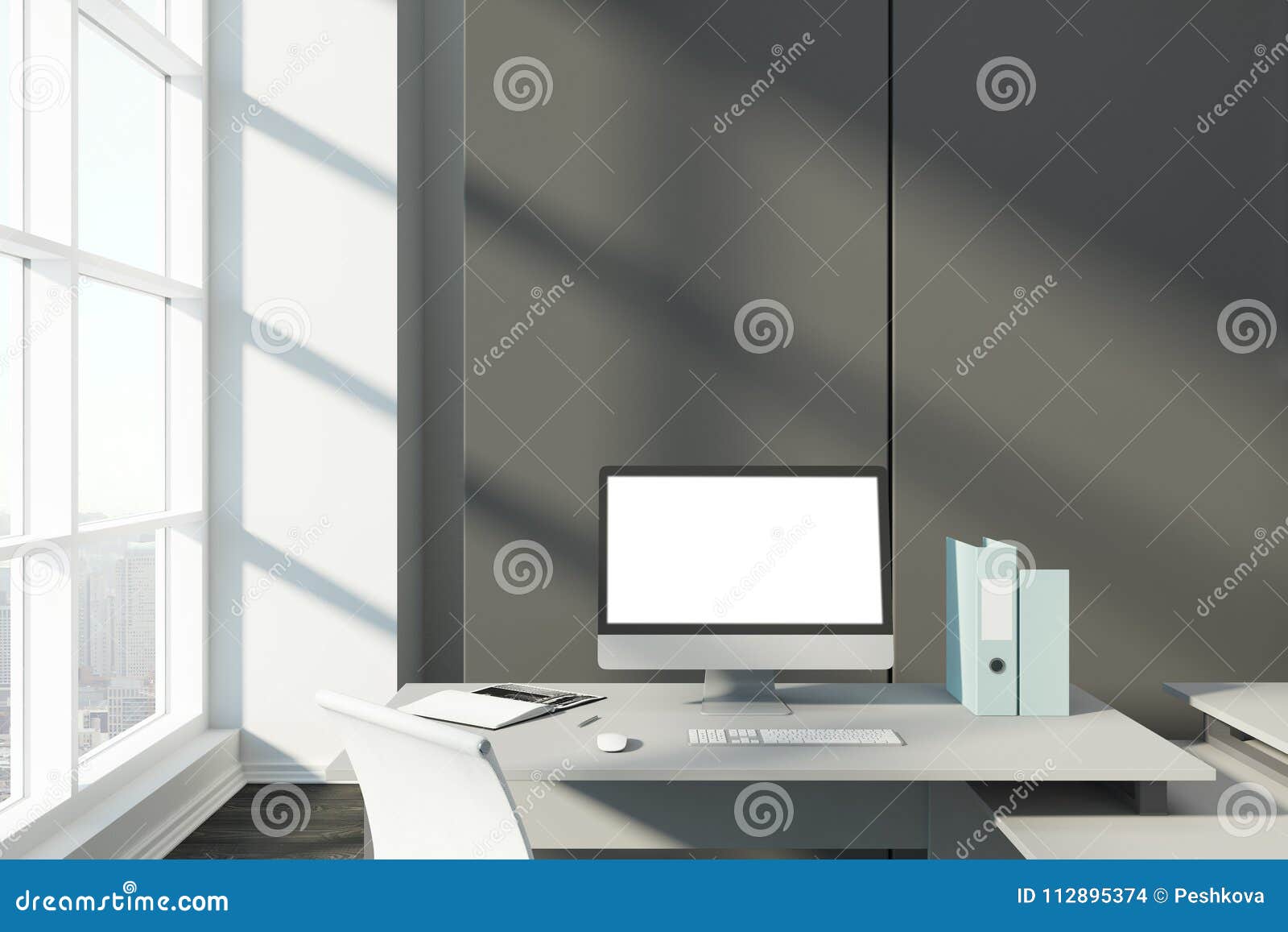 Desktop with Empty Computer Screen in Office Stock Photo - Image of ...