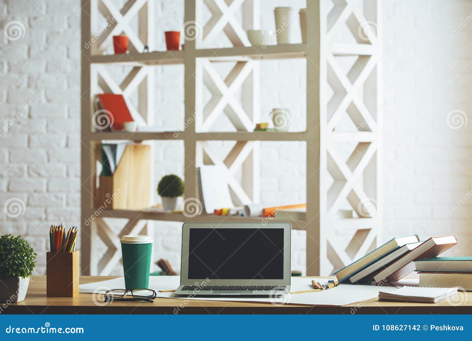 Desktop with Empty Laptop Screen Stock Photo - Image of desktop ...