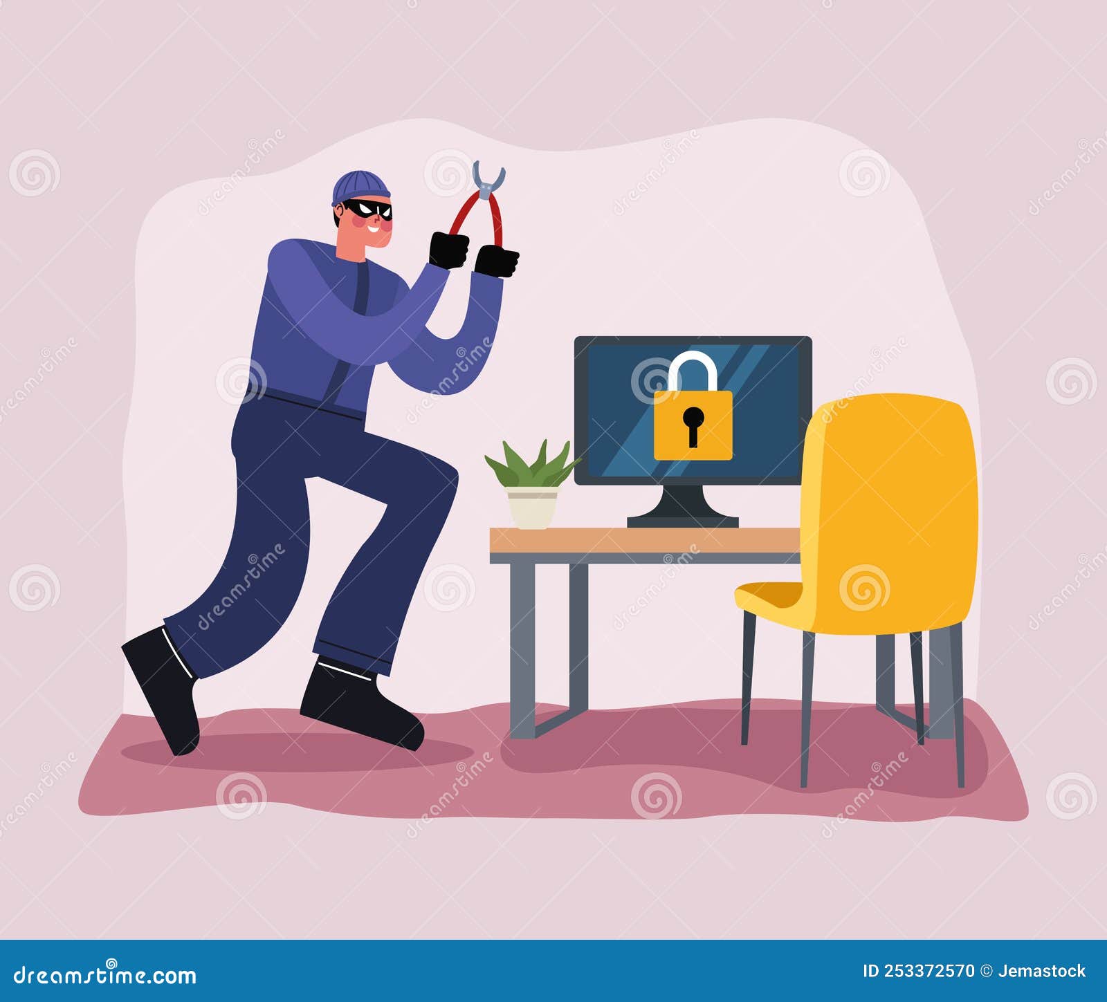 Desktop and Hacker with Cable Cutters Stock Vector - Illustration of ...