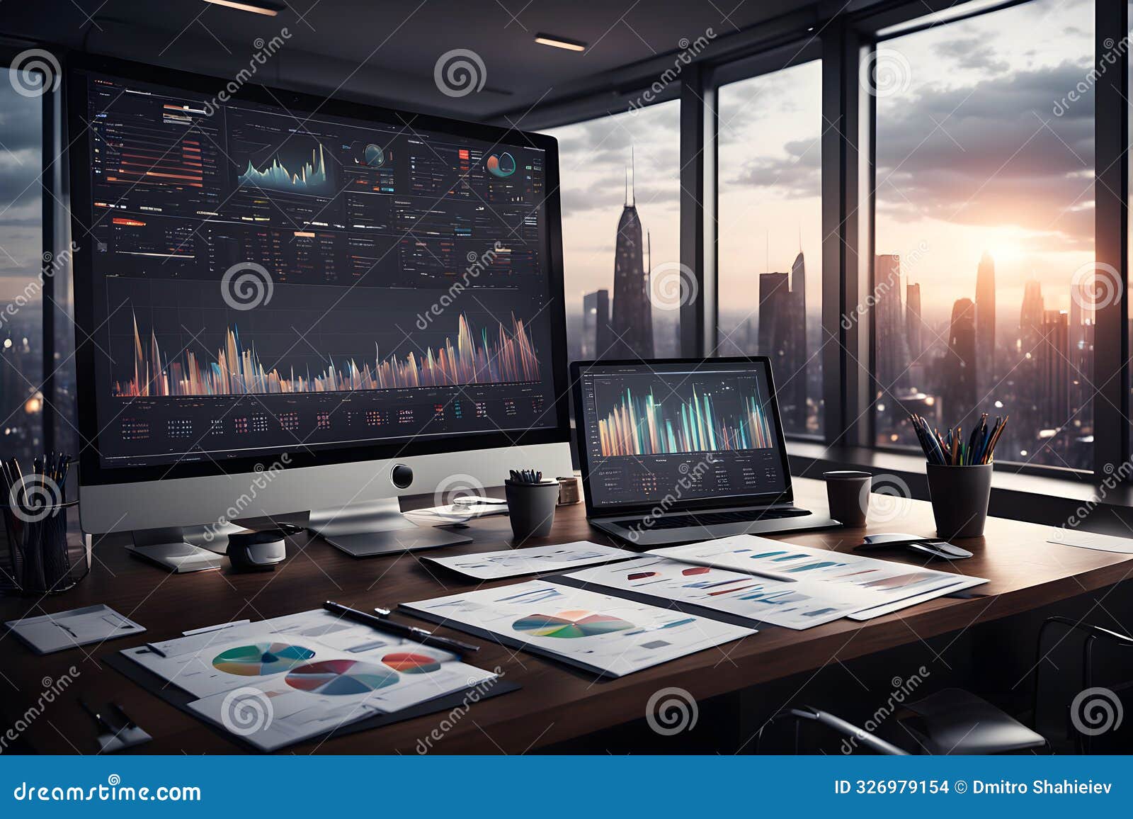 A Desktop with a Laptop with Charts and Graphs Open on the Screen Stock ...