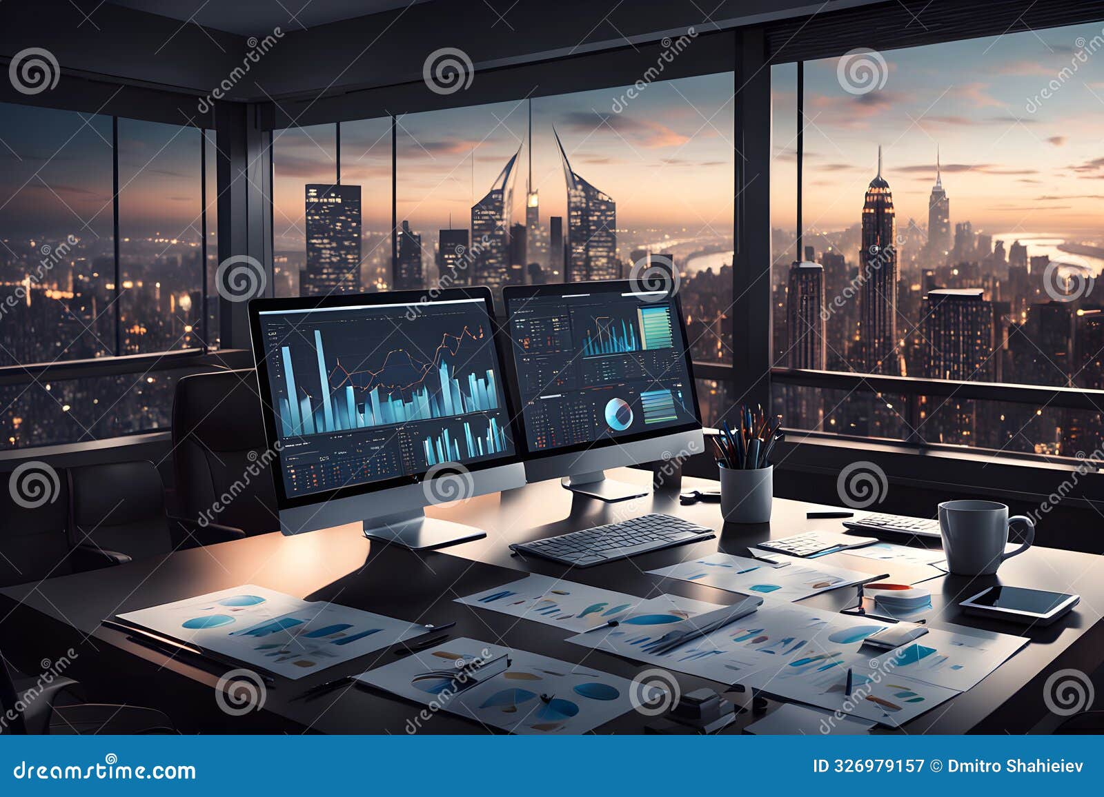 A Desktop with a Laptop with Charts and Graphs Open on the Screen Stock ...