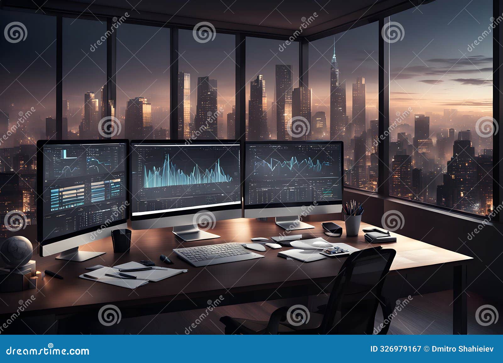 A Desktop with a Laptop with Charts and Graphs Open on the Screen Stock ...