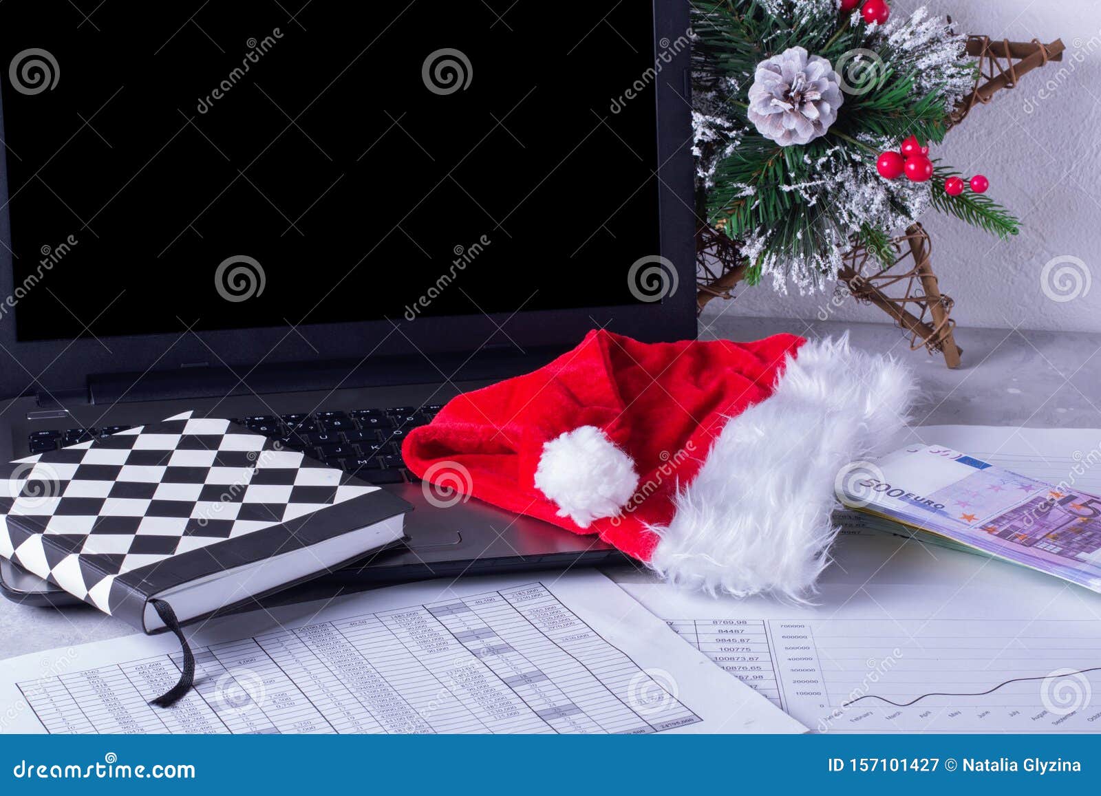 Desktop with Laptop and Charts. Santa Hat Stock Image - Image of ...