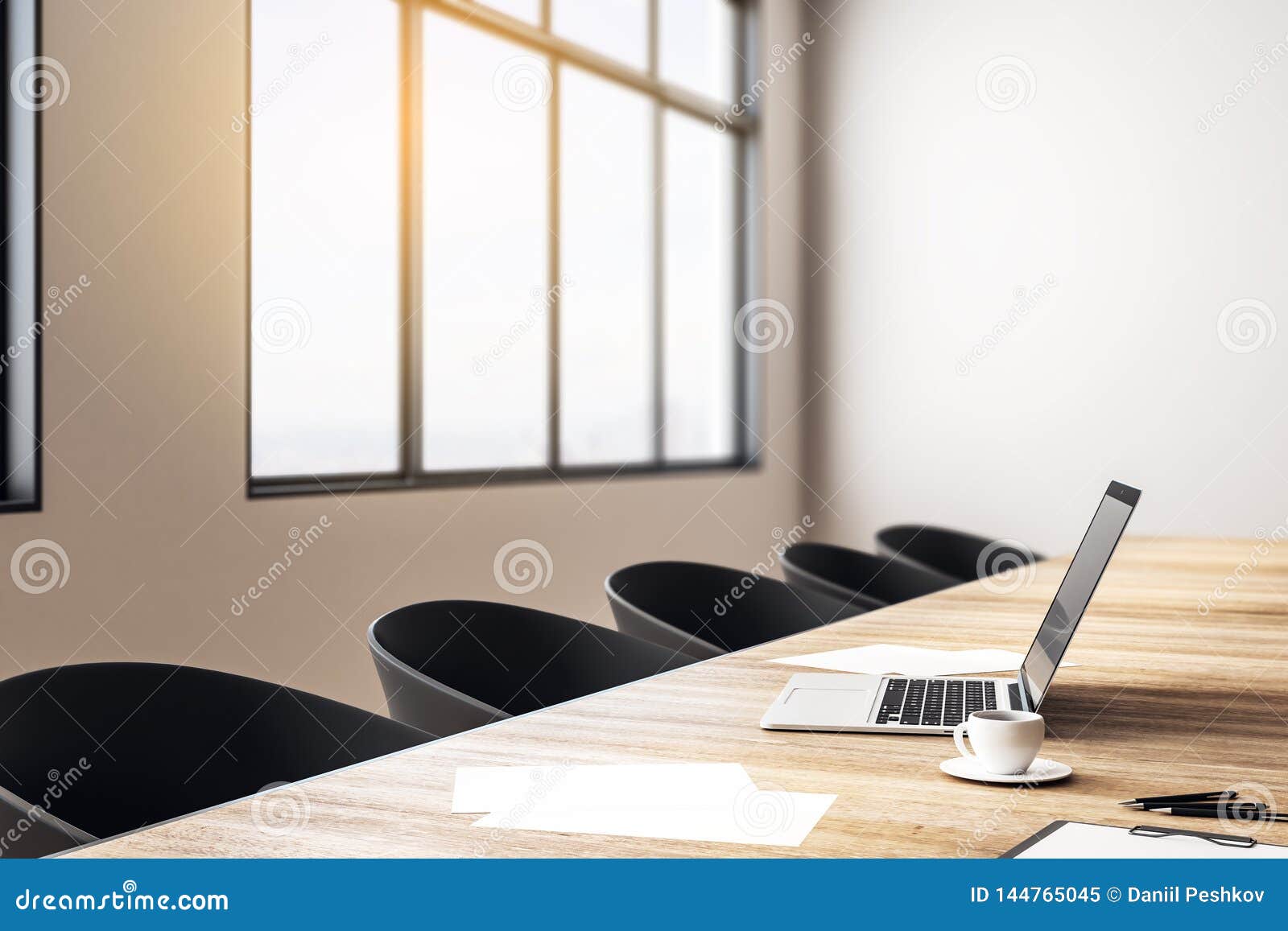 Desktop with Laptop in Conference Room Stock Illustration ...