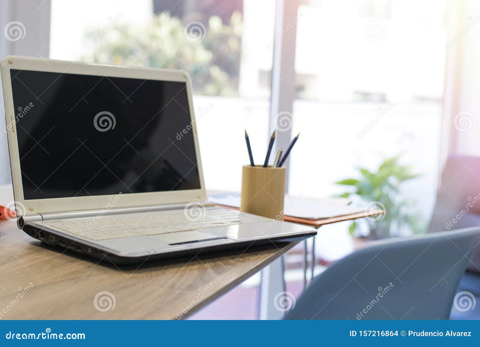 Desktop with laptop stock photo. Image of notebook, office - 157216864