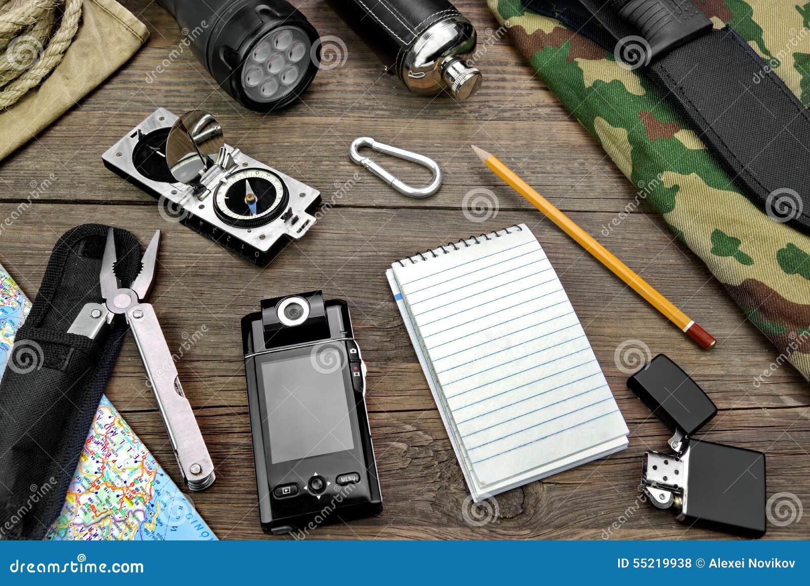 Desktop with Large Group of Objects for Travel, Expedition. Stock Photo ...