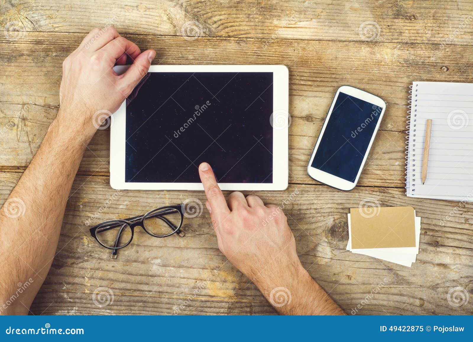 Desktop Mix on a Wooden Office Table. Stock Image - Image of pencil ...