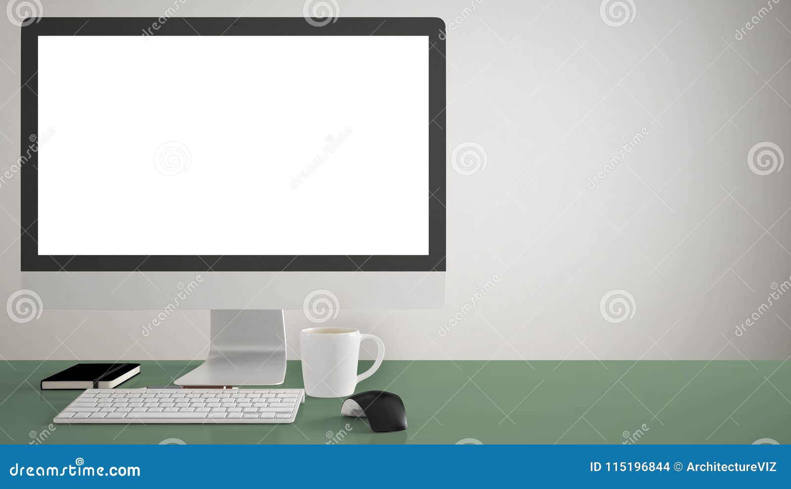 Desktop Mockup, Template, Computer On Blue Work Desk With Blank Screen ...