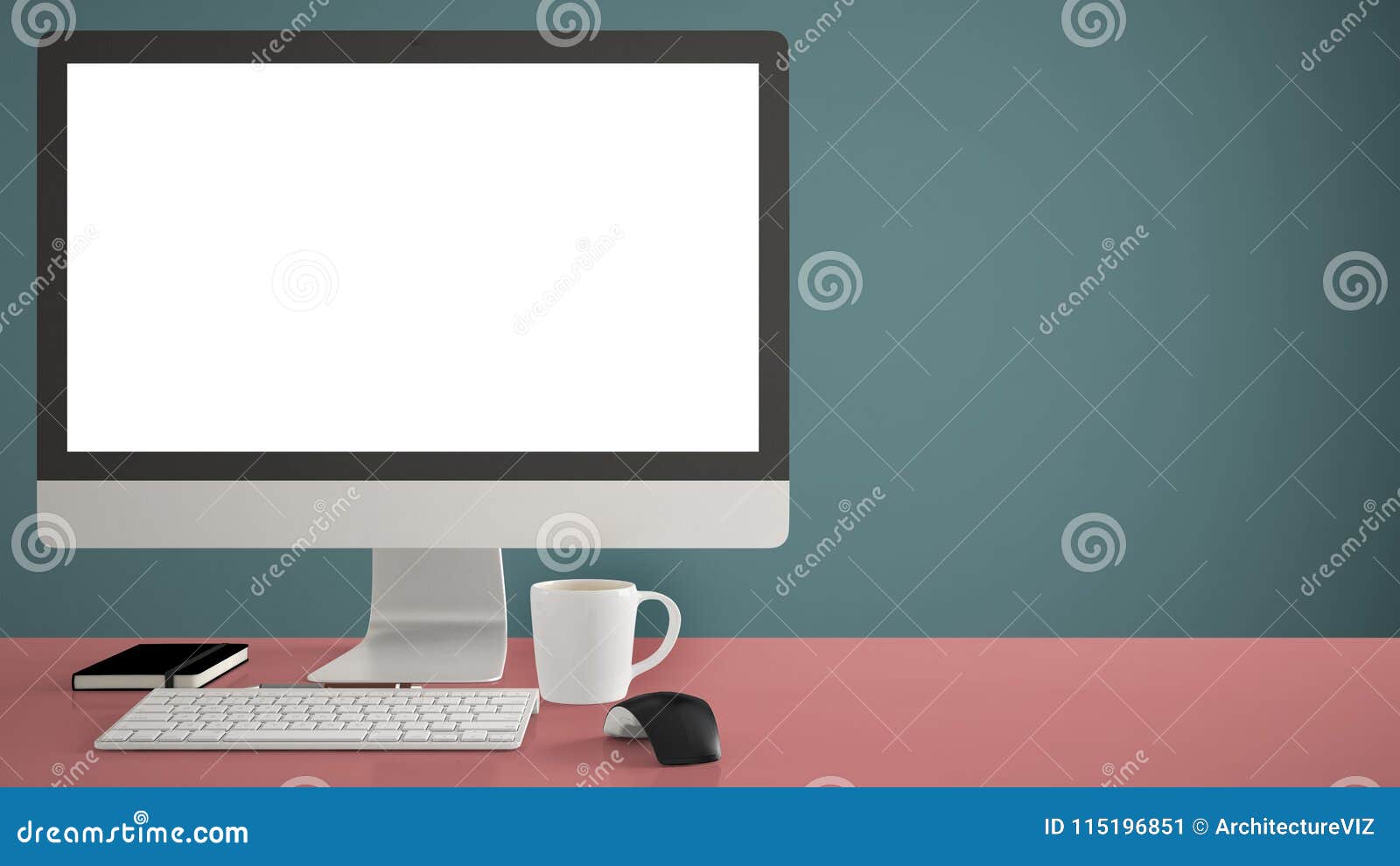 Desktop Mockup, Template, Computer on Red Work Desk with Blank Screen ...