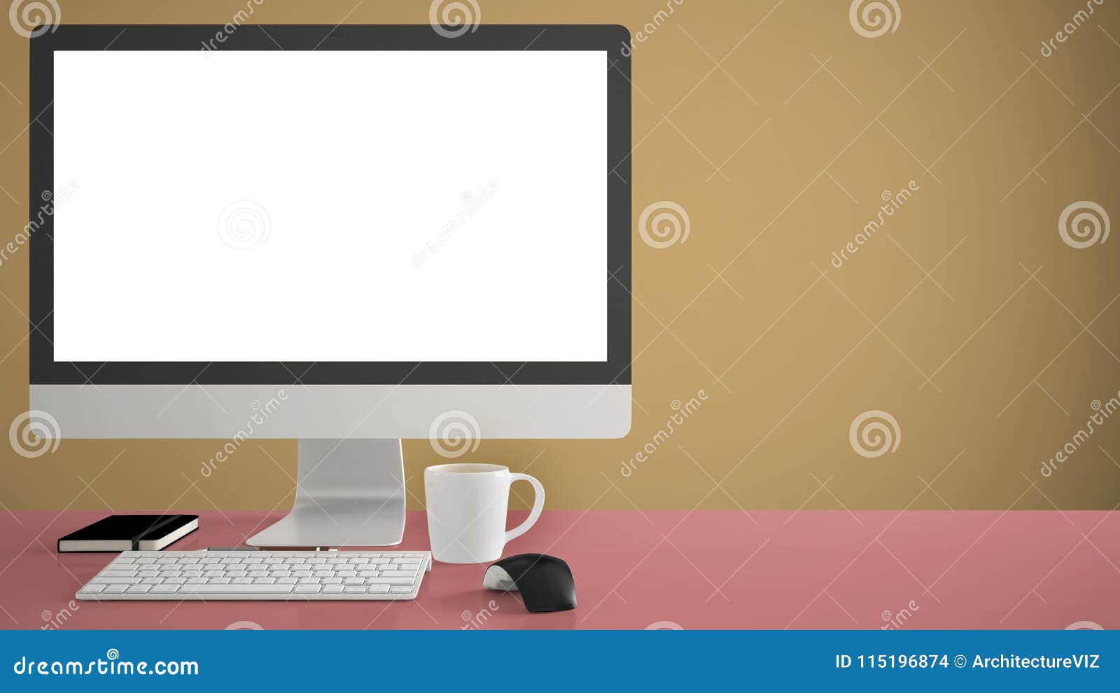 Desktop Mockup, Template, Computer On Green Pantone Colored Work Desk ...