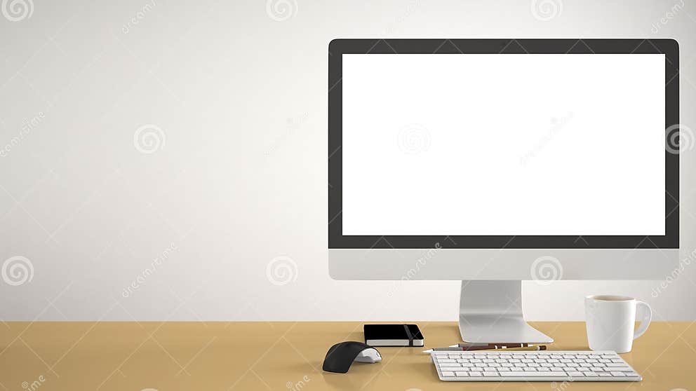 Desktop Mockup, Template, Computer on Yellow Pantone Colored Work Desk ...