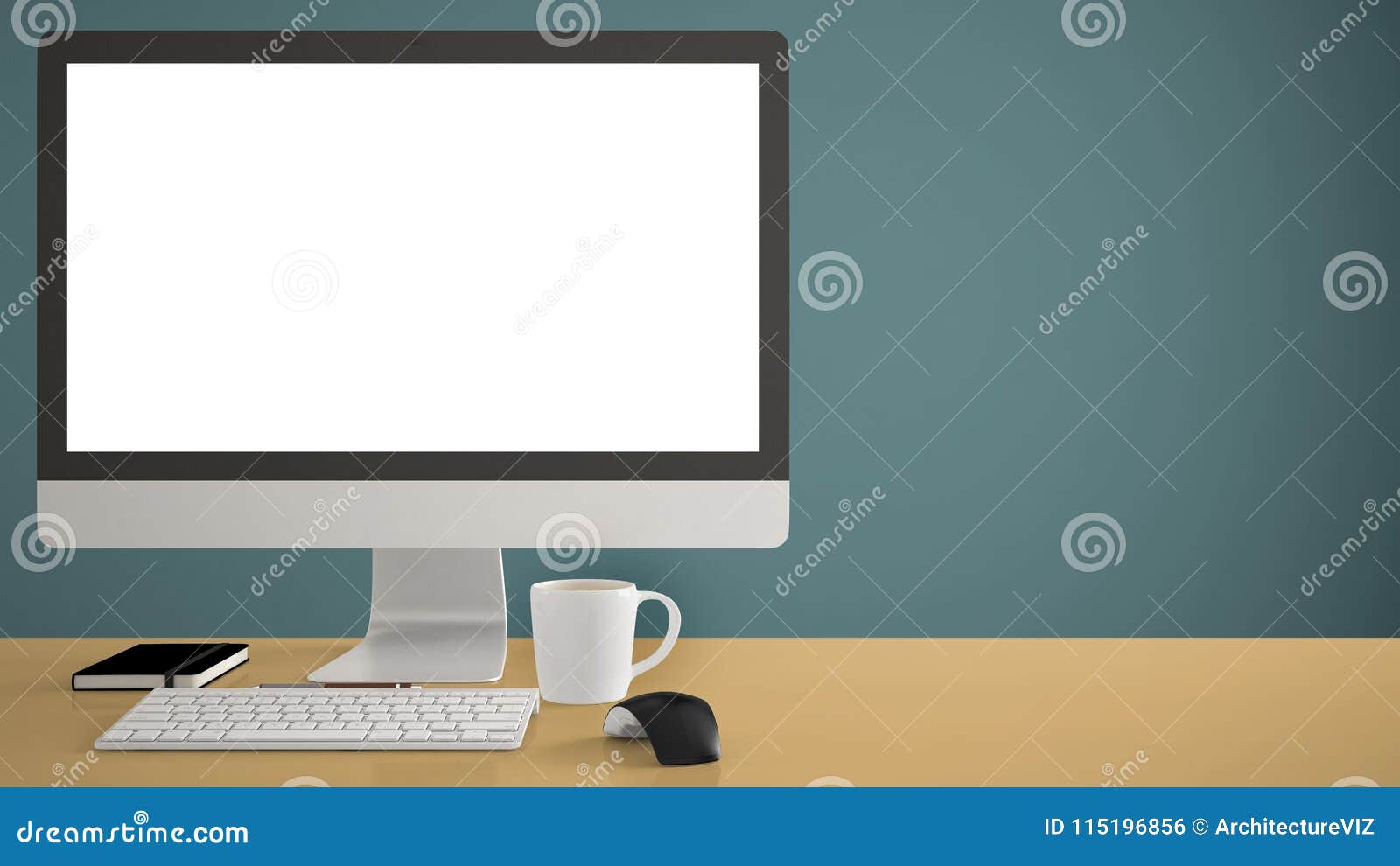 Desktop Mockup, Template, Computer On Green Pantone Colored Work Desk ...