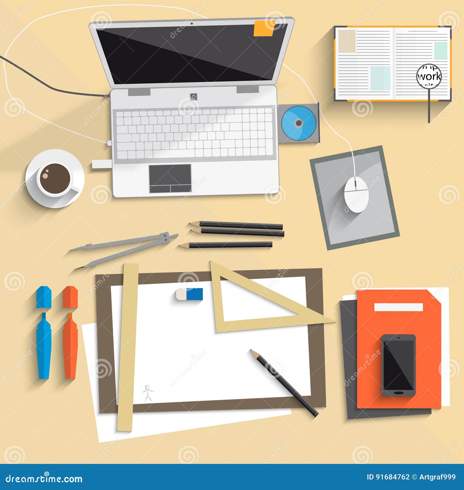 Desktop Notebook Art Board Flat Stock Illustration - Illustration of ...