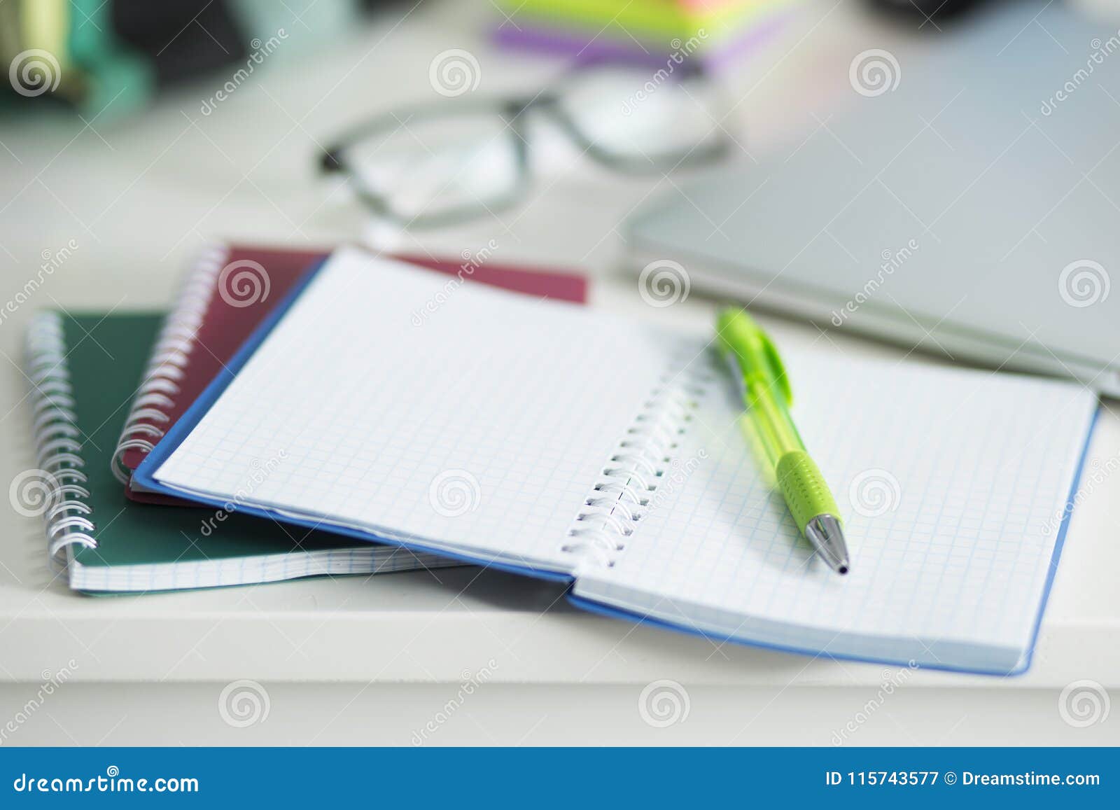 On the Desktop is a Notebook and Pen Stock Image - Image of blank ...