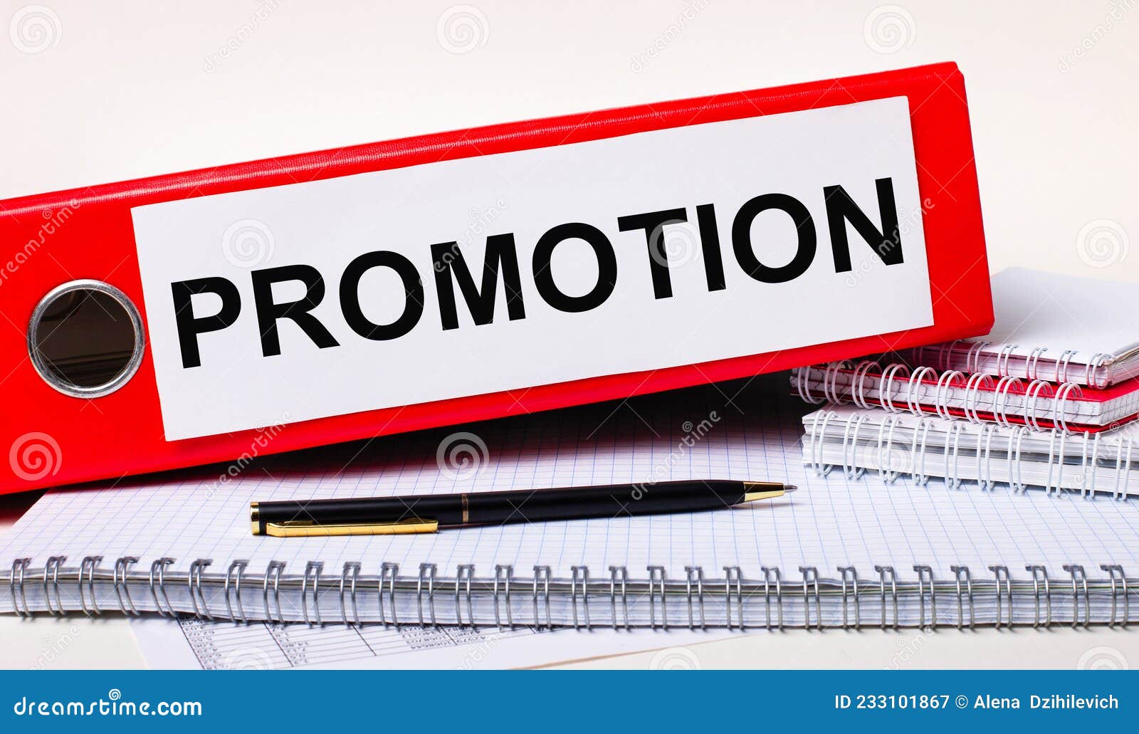 On the Desktop are Notebooks, a Pen and a Red Folder for Papers with ...