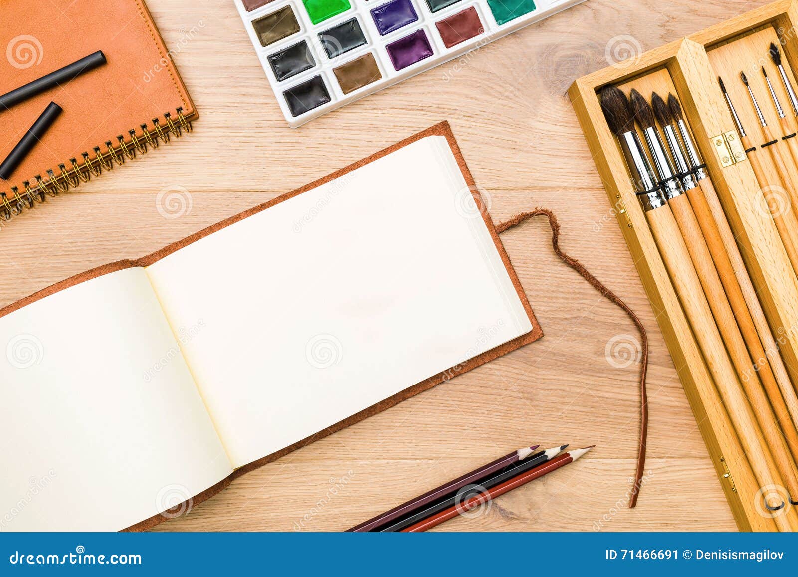 Desktop with Notepad and Paint Stock Image - Image of brushes, close ...