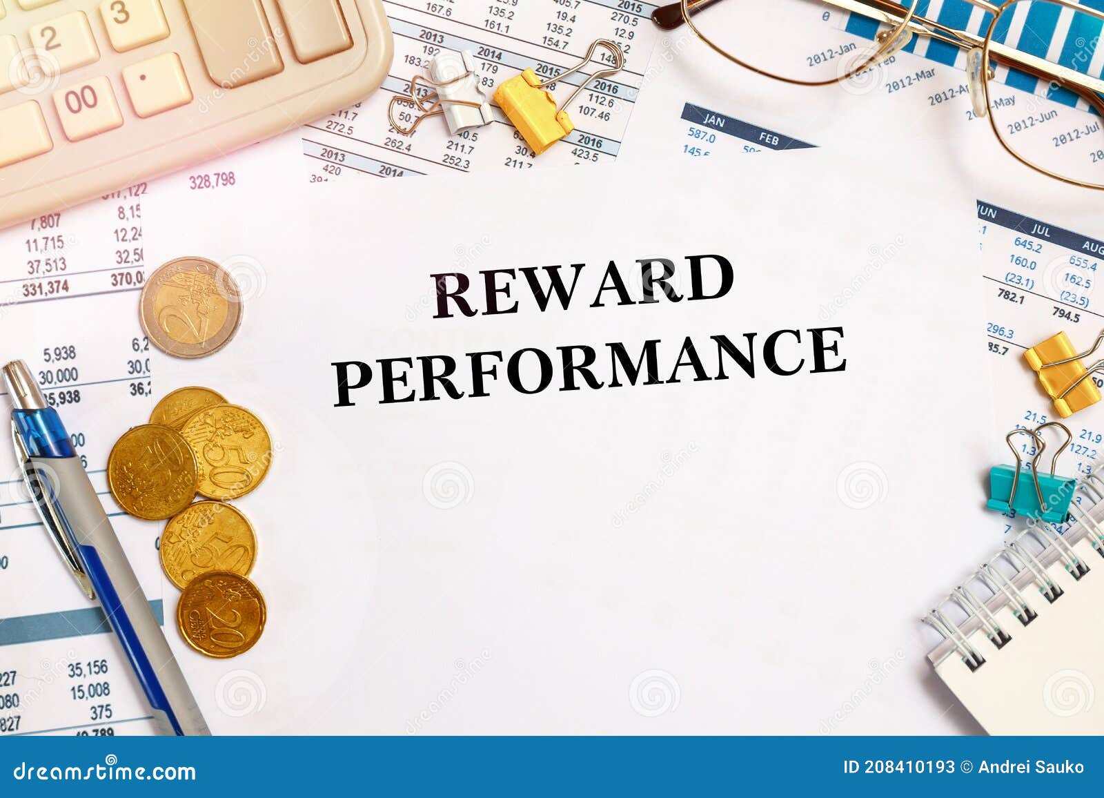 Desktop Office Desk and Documents with Inscription REWARD PERFORMANCE ...