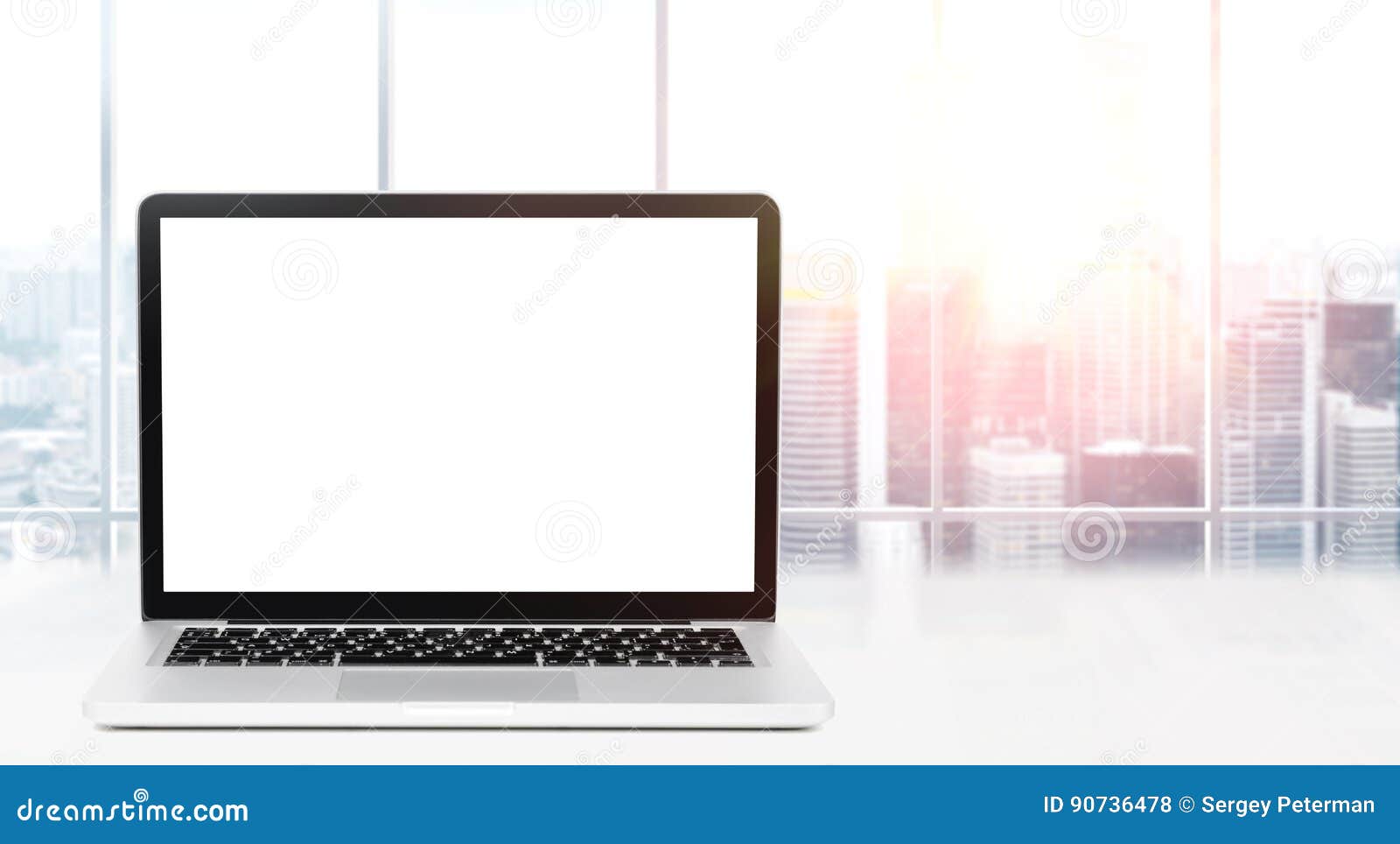 Desktop with Panoramic View Stock Photo - Image of building, computer ...