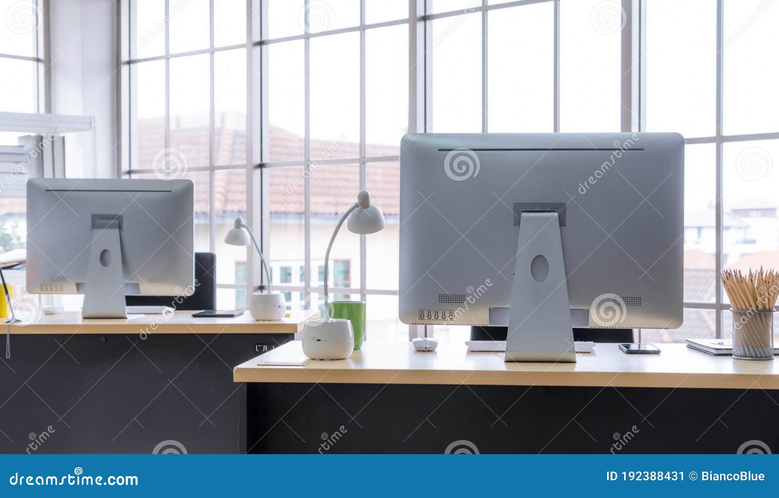 Desktop PC Computers in Small Modern Office or Home Office. Stock Image ...