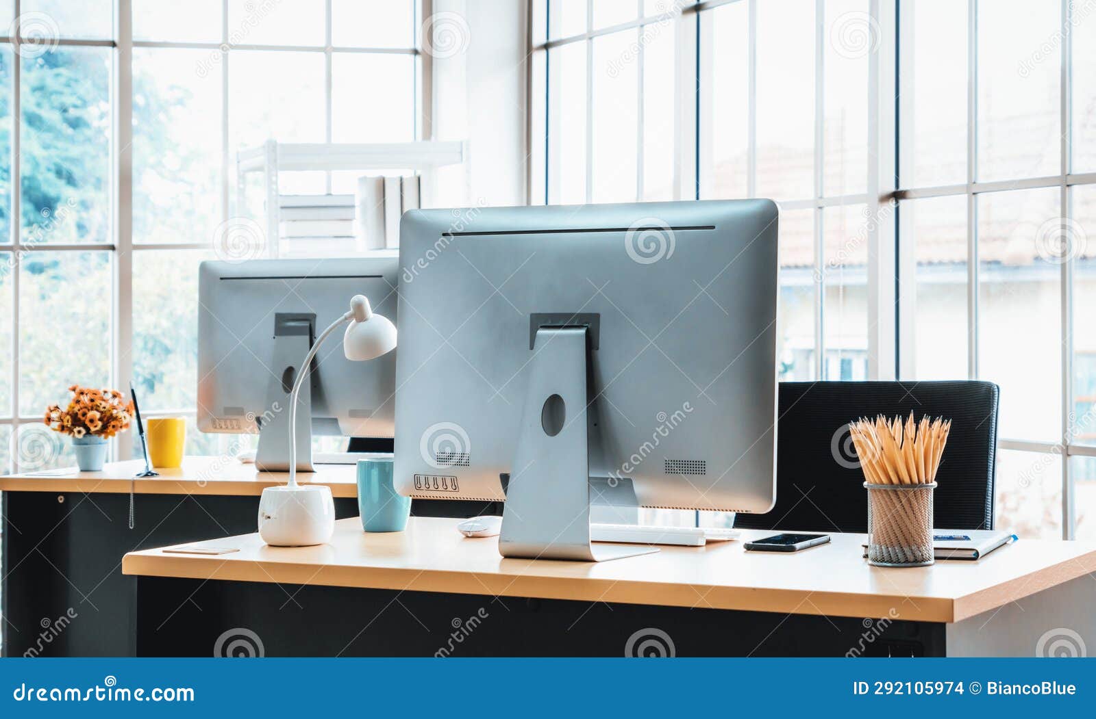 Desktop PC Computers in Small Modern Office or Home Office. Jivy Stock ...