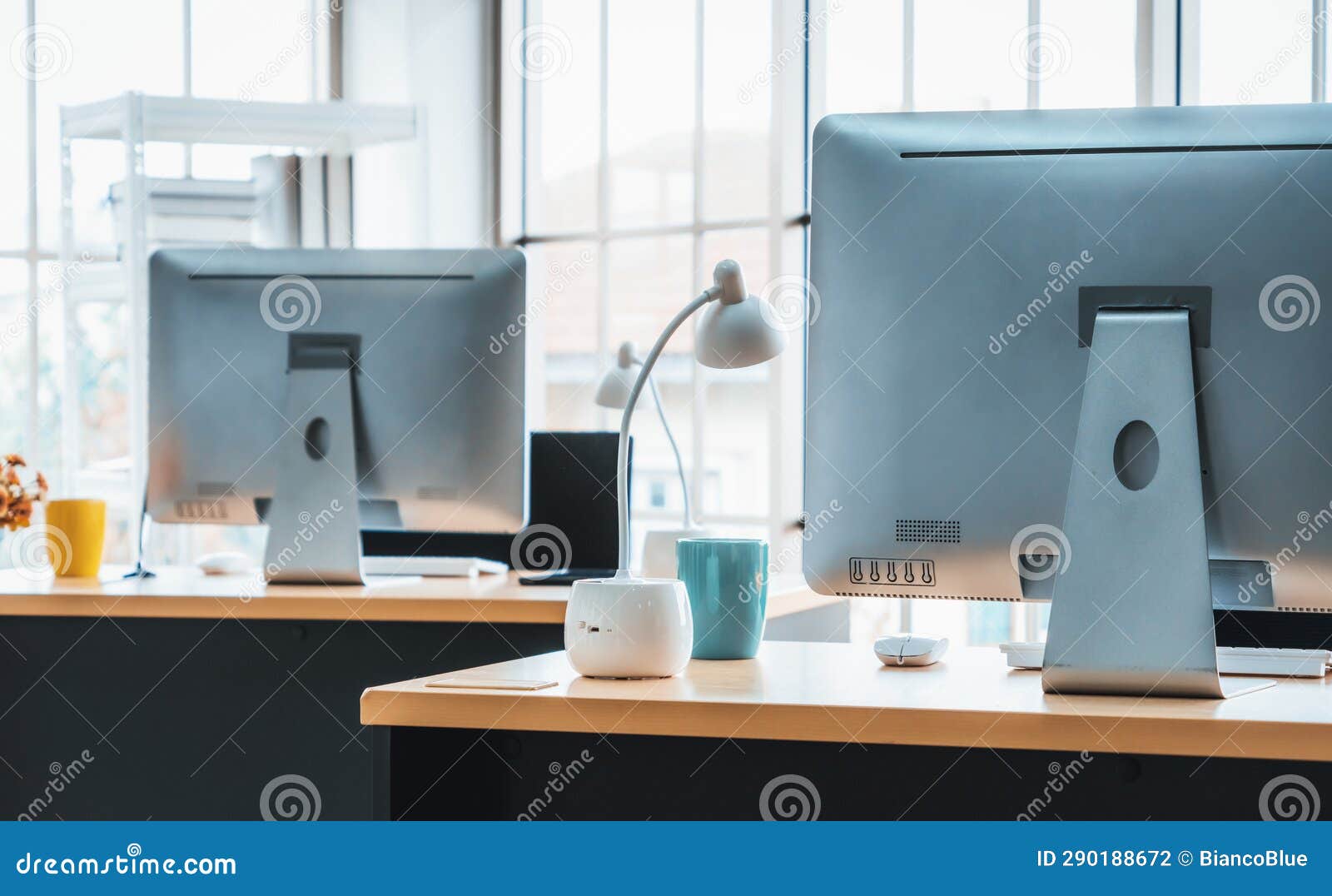 Desktop PC Computers in Small Modern Office or Home Office. Jivy Stock ...