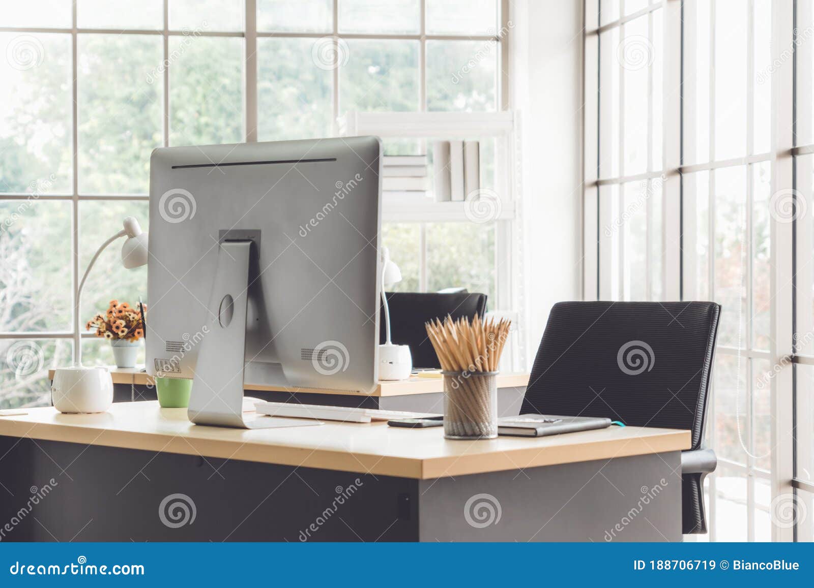 Desktop PC Computers in Small Modern Office or Home Office Stock Image ...