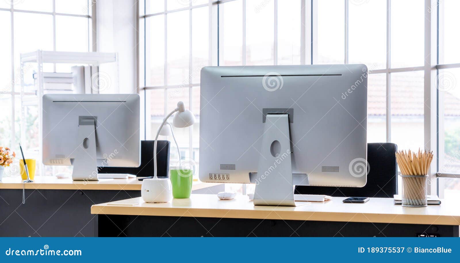 Desktop PC Computers in Small Modern Office or Home Office. Stock Image ...