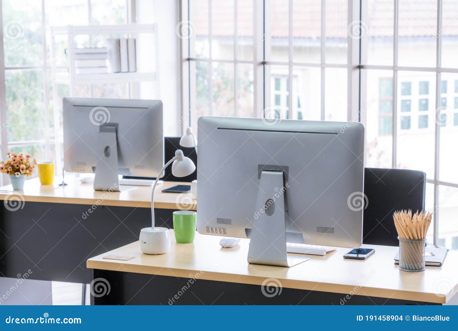 Desktop PC Computers in Small Modern Office or Home Office. Stock Photo ...