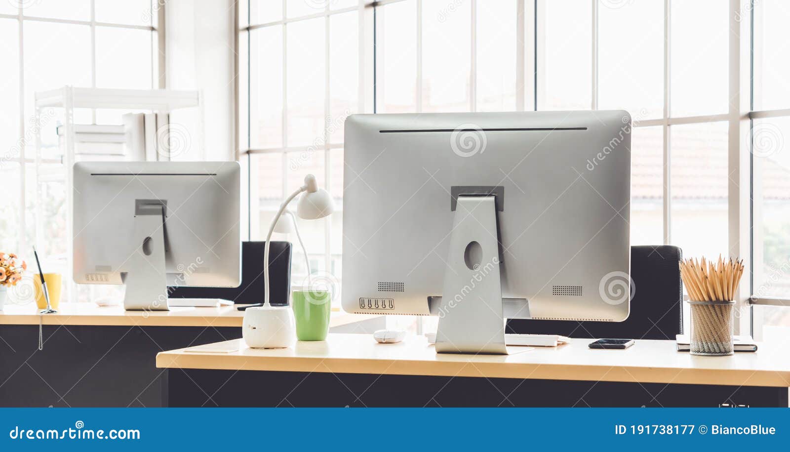 Desktop PC Computers in Small Modern Office or Home Office. Stock Image ...