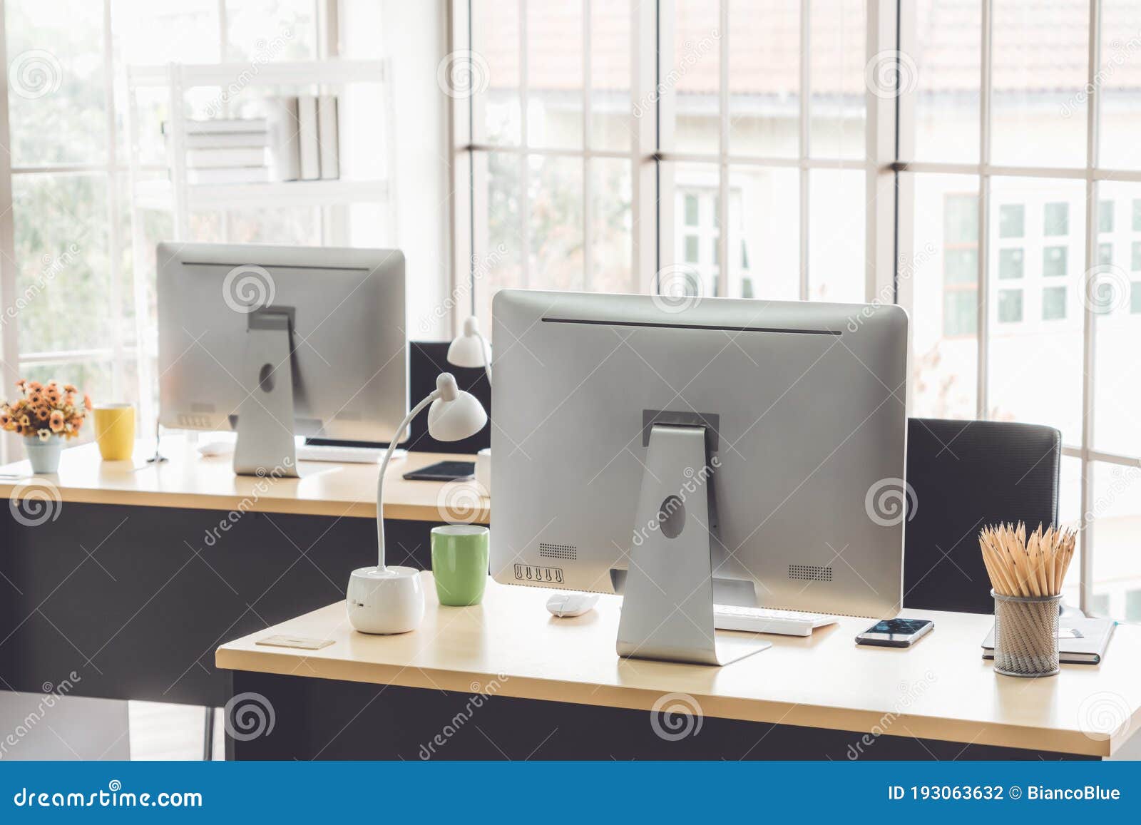 Desktop PC Computers in Small Modern Office or Home Office. Stock Photo ...
