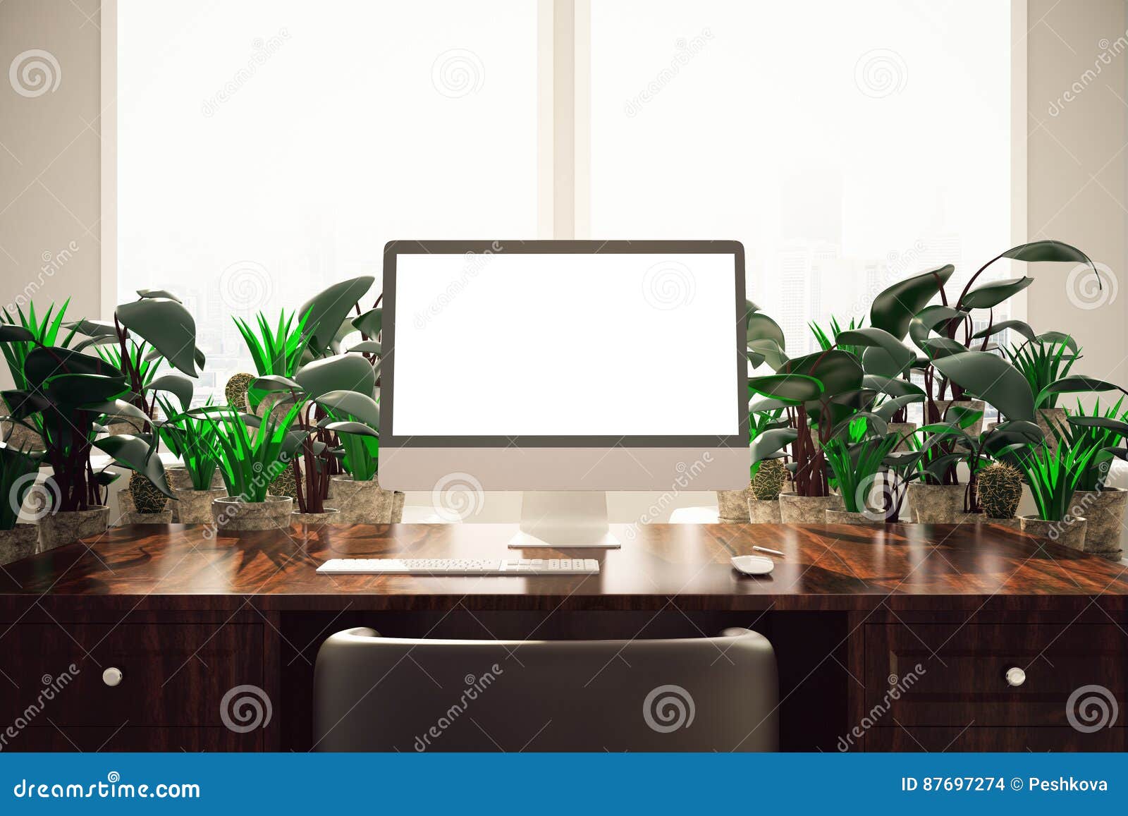 Desktop with pc and plants stock photo. Image of education - 87697274