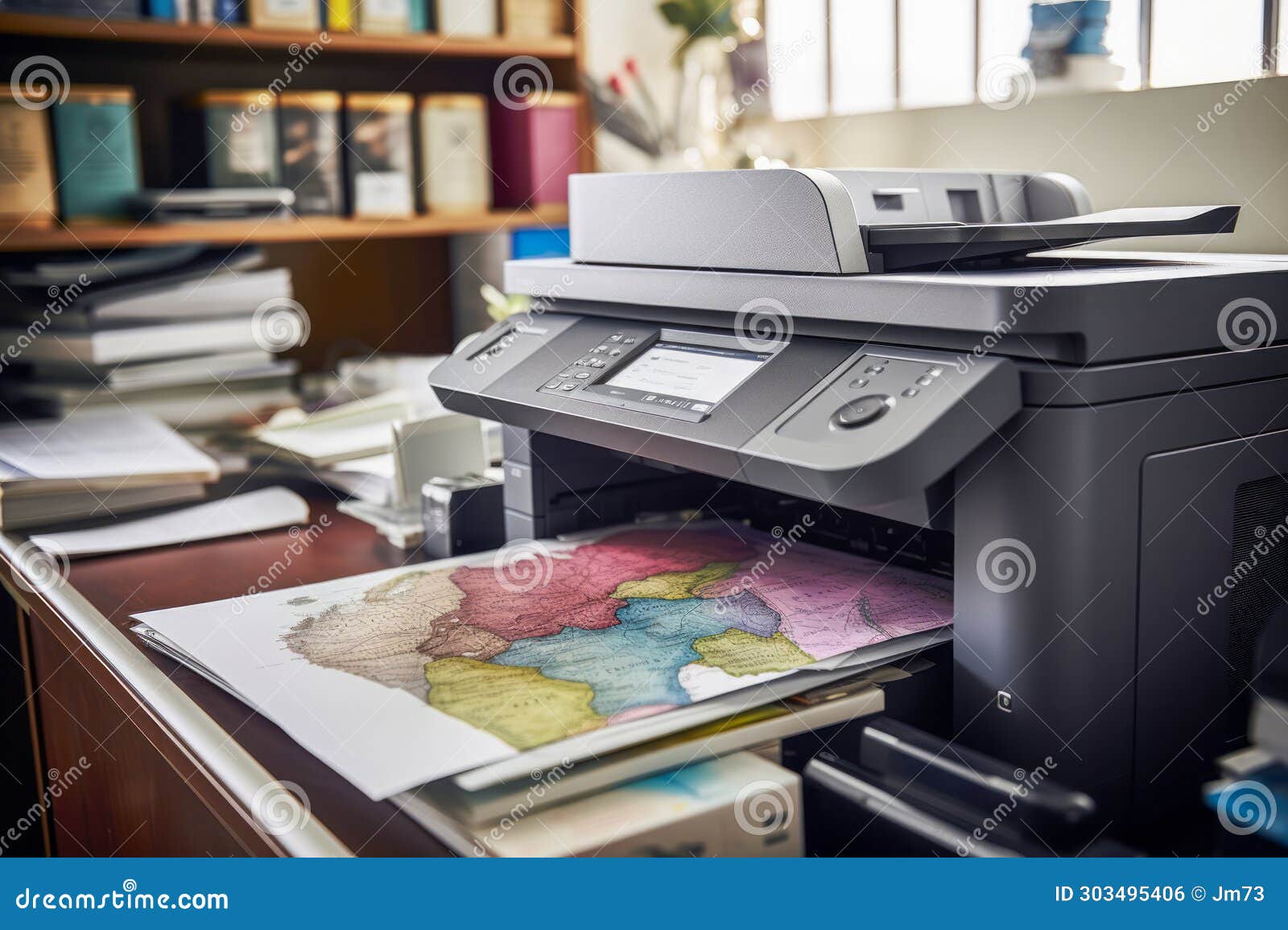 Desktop Printer on Desk in Office - Map Printout Stock Illustration ...