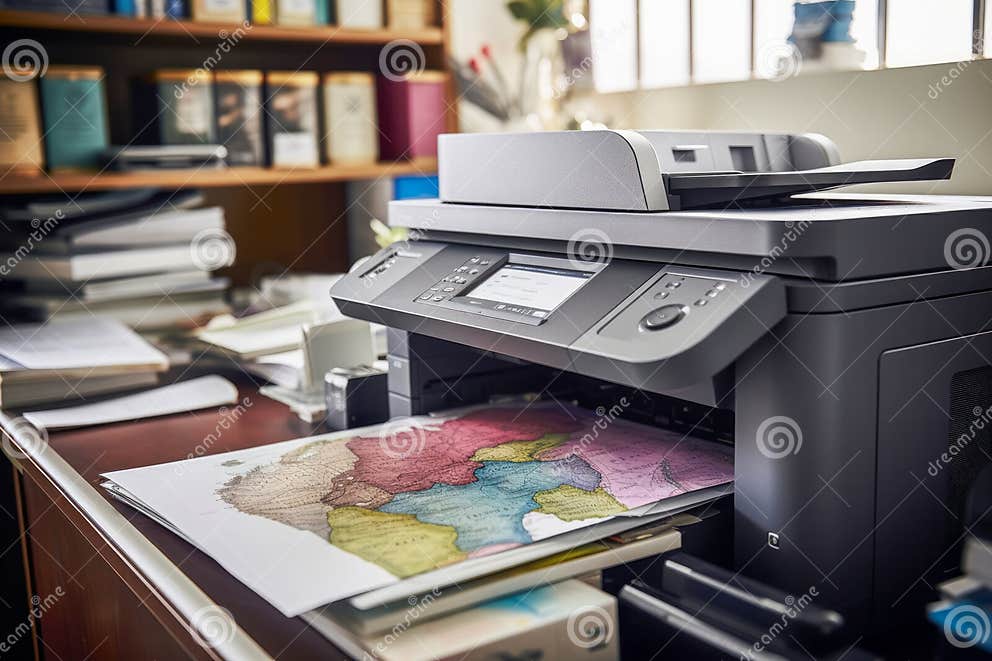 Desktop Printer on Desk in Office - Map Printout Stock Illustration ...