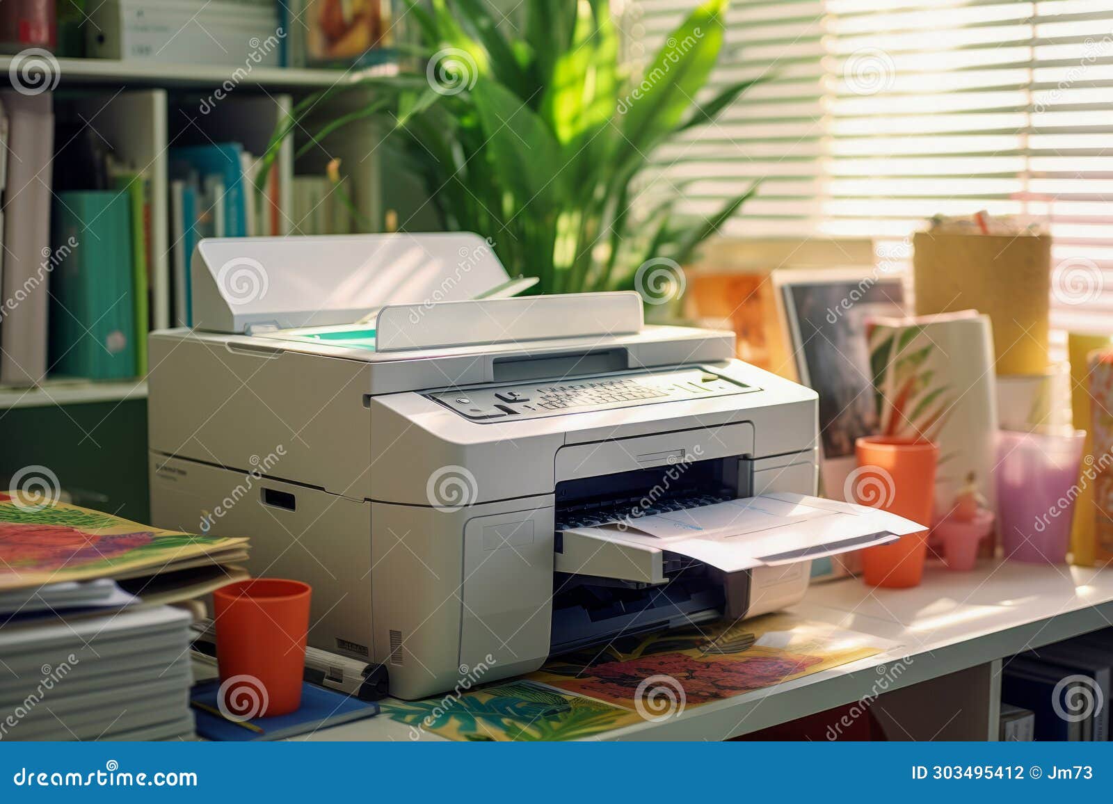 Desktop Printer and Office Equipment in Sunny Room Stock Illustration ...