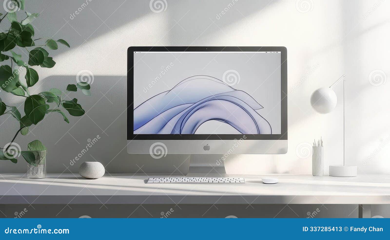 Desktop Setup with Minimalist Design and Abstract Wallpaper Stock ...