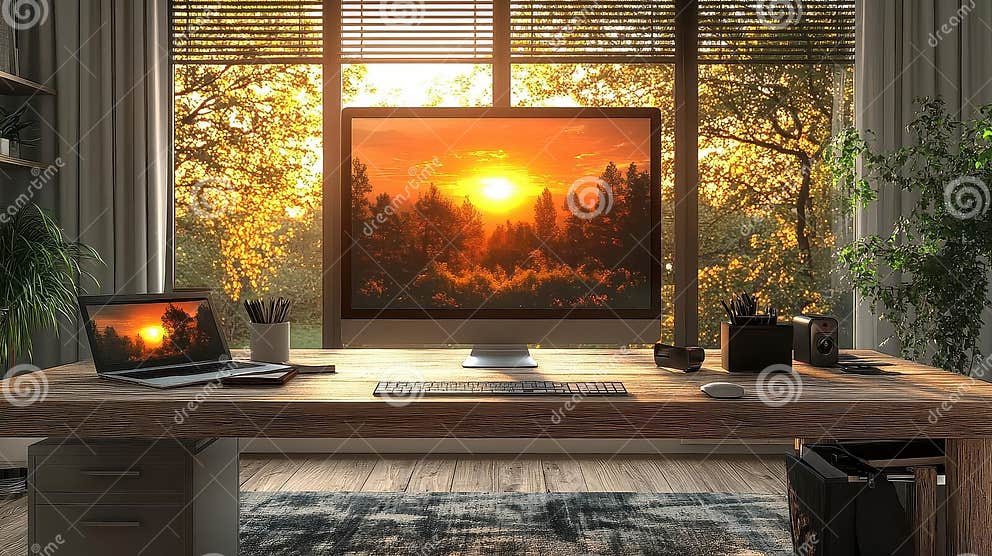 Desktop Setup with a View of a Sunset Over a Forest Stock Illustration ...