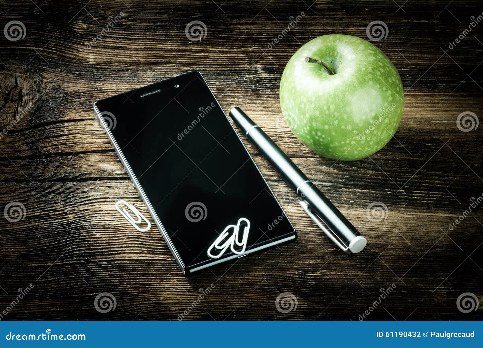 Desktop with Smart Phone and Green Apple Stock Photo - Image of design ...