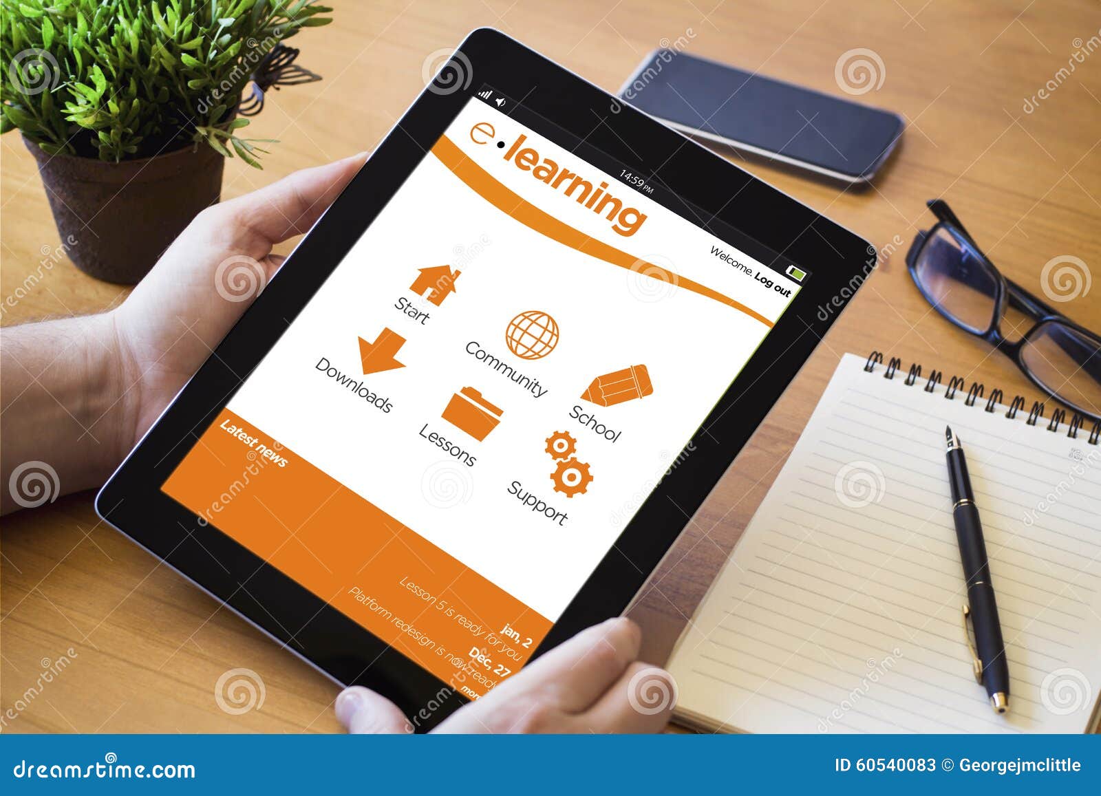 Desktop tablet e-learning stock image. Image of place - 60540083