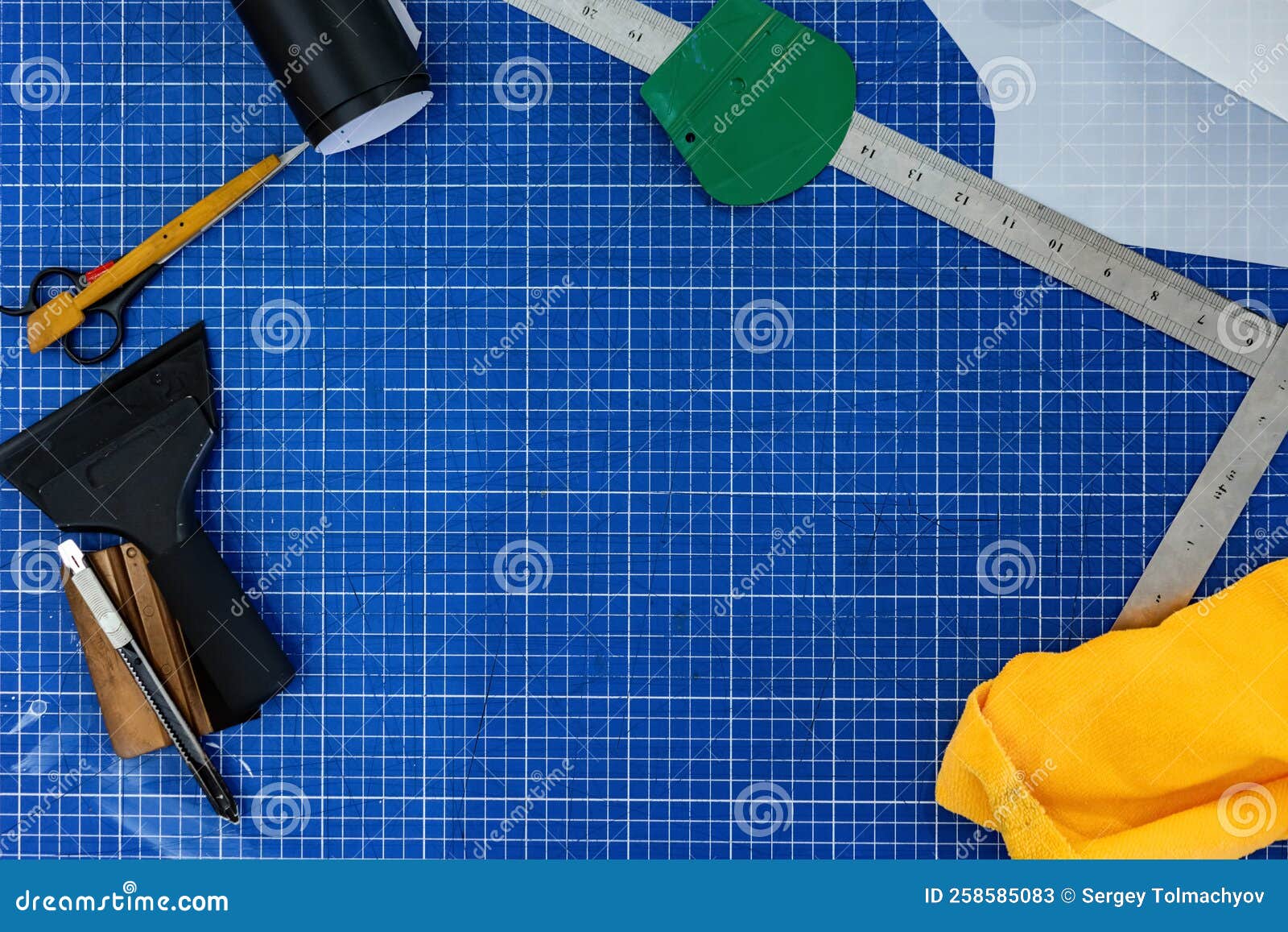 Desktop Top View with Blue Cutting Mat Stock Image - Image of detail ...