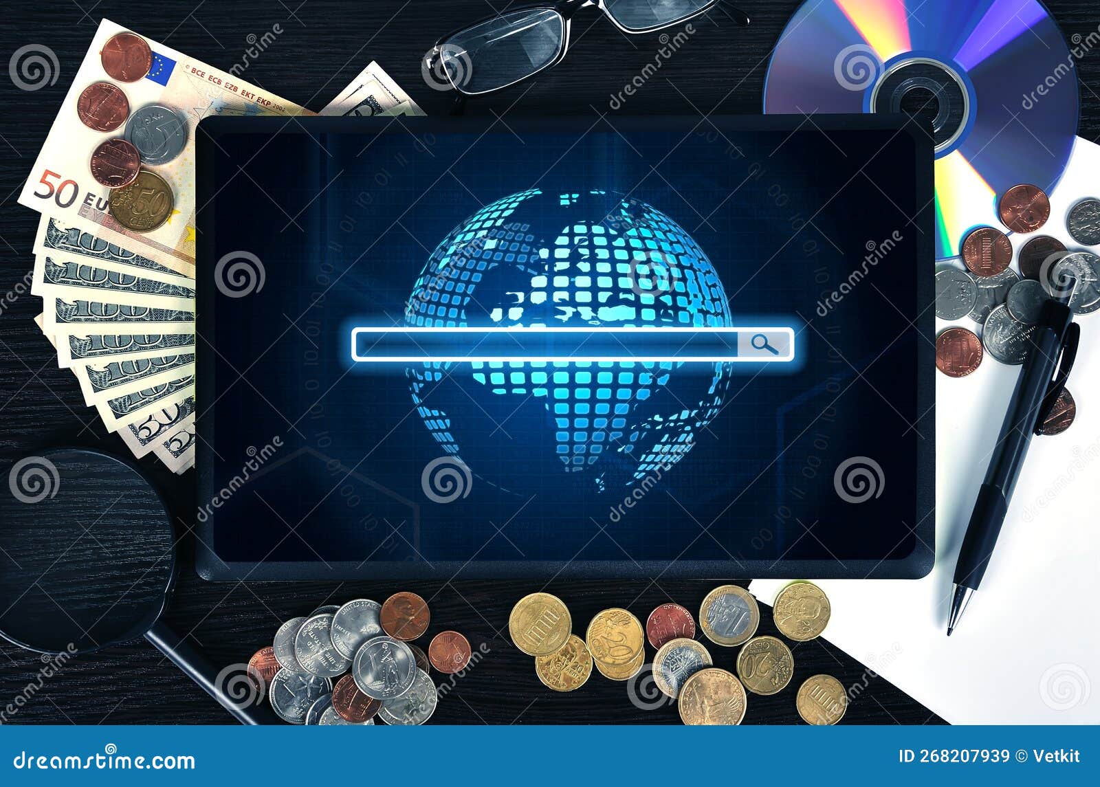 Desktop Top View, Tablet with Digital Earth and Search Line on Digital ...