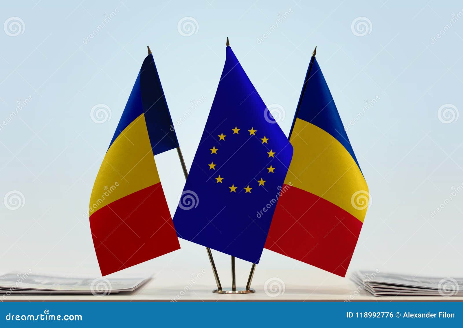 Two Flags of Romania and European Union between Stock Photo - Image of ...