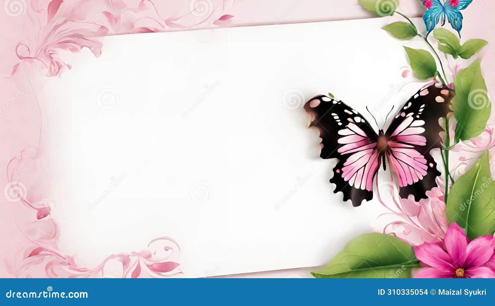 Greeting Card Template with Floral Ornaments and Colorful Butterfly ...