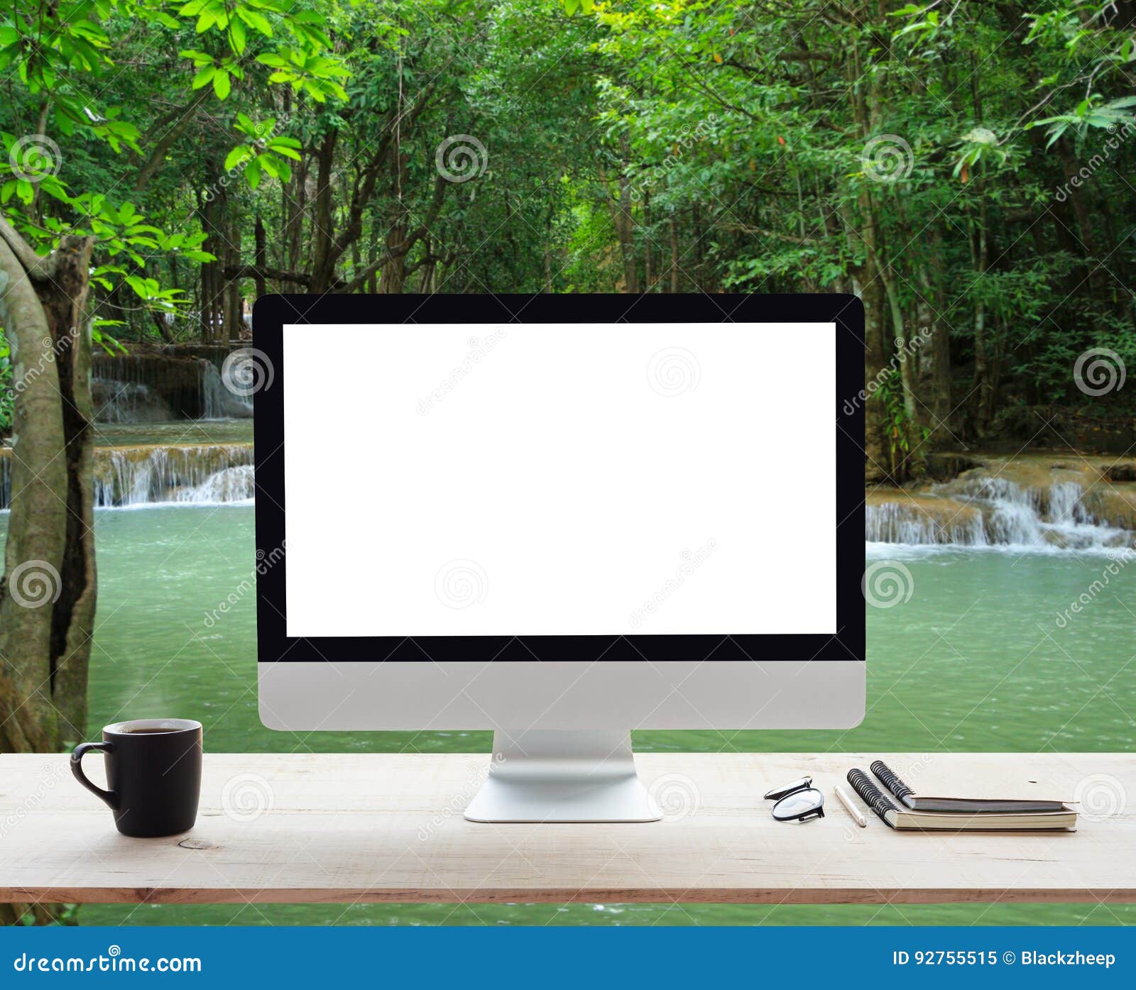 Desktop White Frame on Work Table and Waterfall Nature Stock Image ...