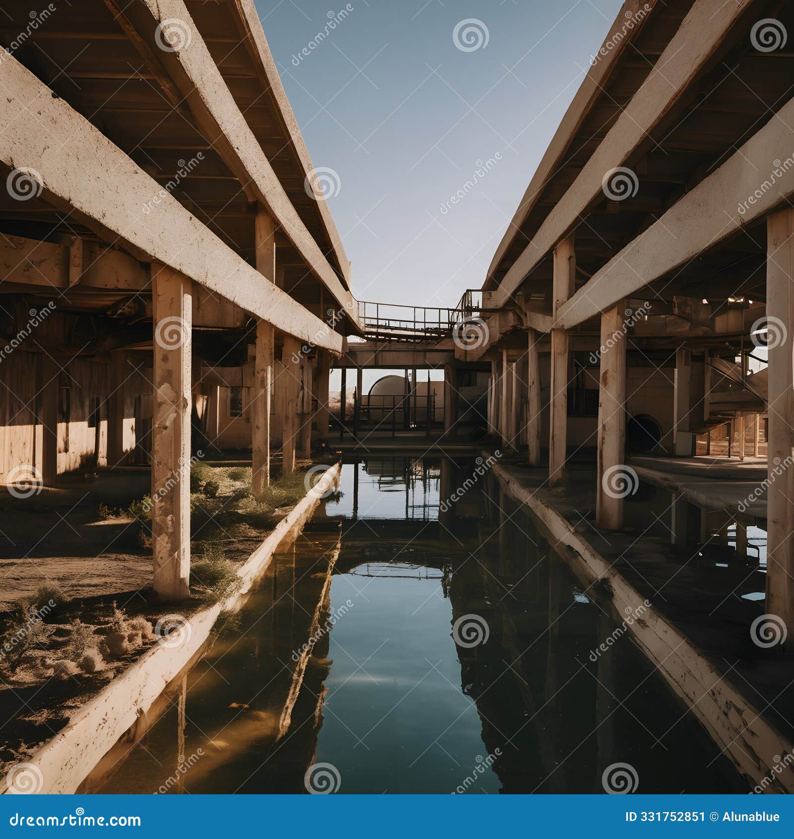 Desolate Abandoned Concrete Structure with Reflective Water Channels ...