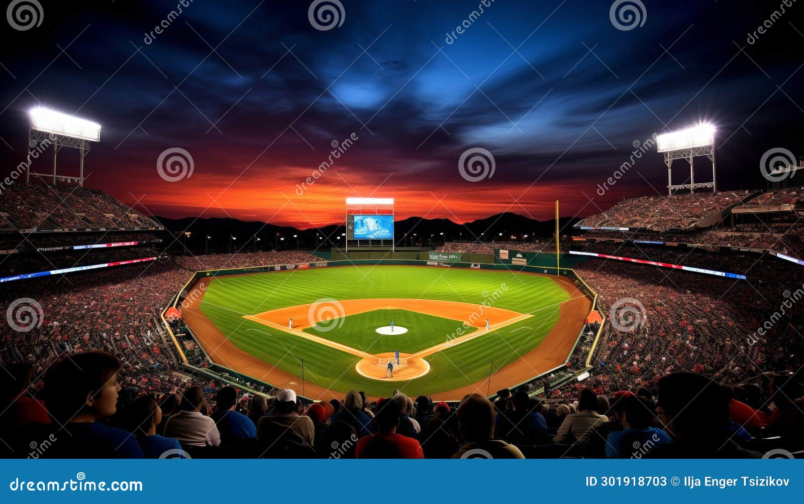 Desolate Baseball Stadium with an Immaculate Diamond Field Illuminated ...